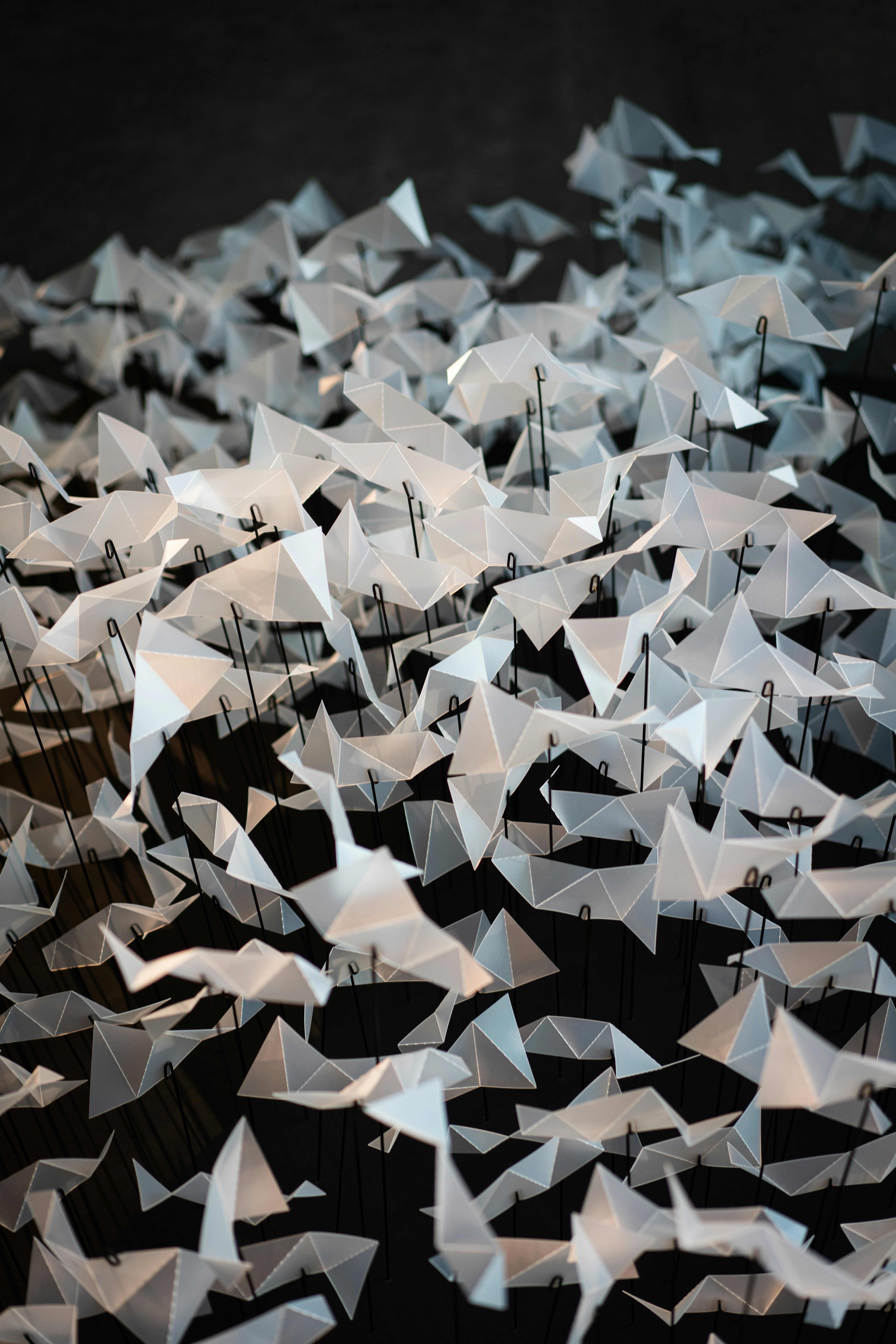An intricate installation of white paper cranes, each delicately suspended on thin wires, creating a sense of movement and depth. The composition evokes a tranquil yet dynamic atmosphere.