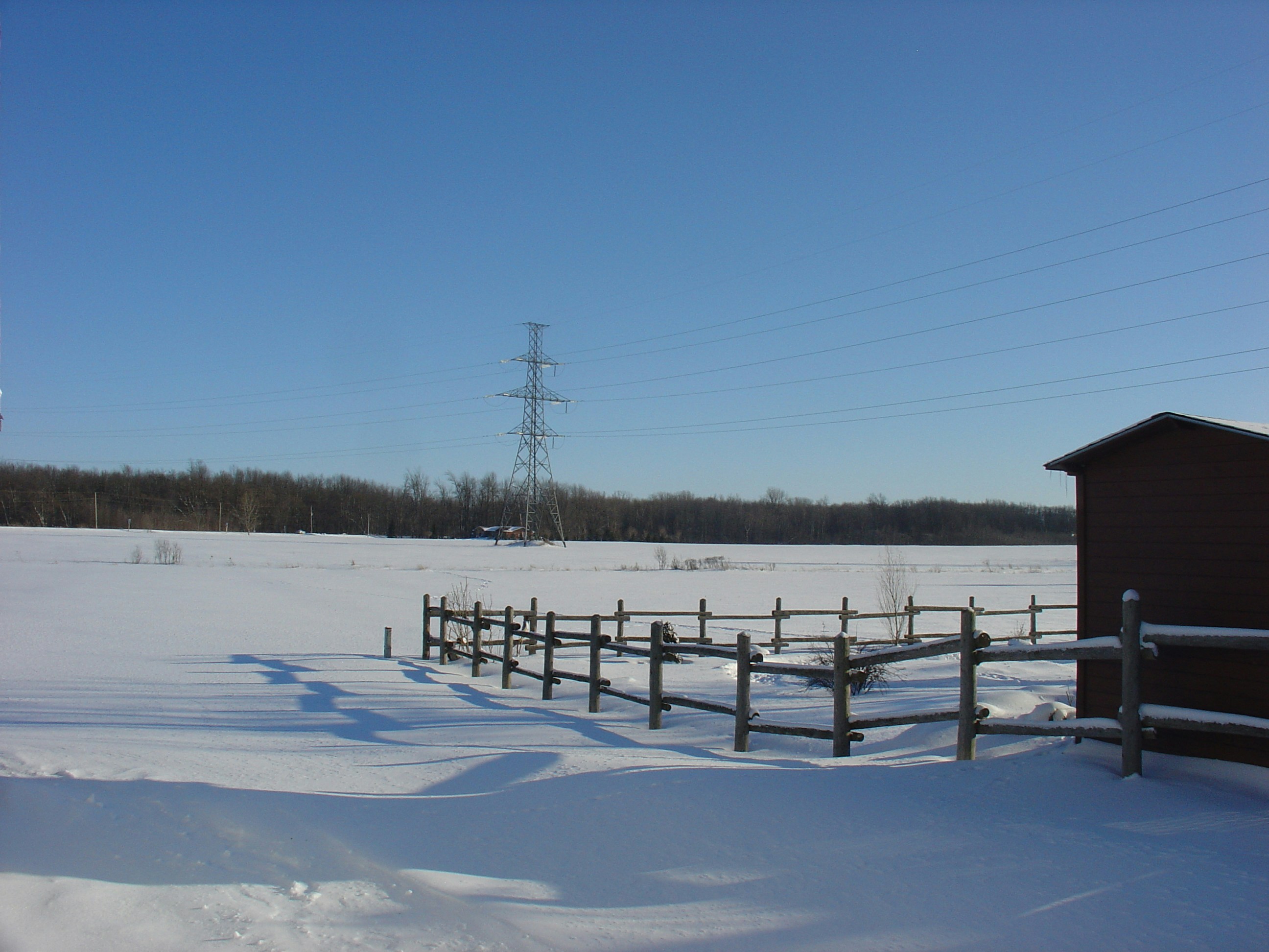 Snow-covered field with a wooden fence and a power line tower in the background under a clear blue sky.