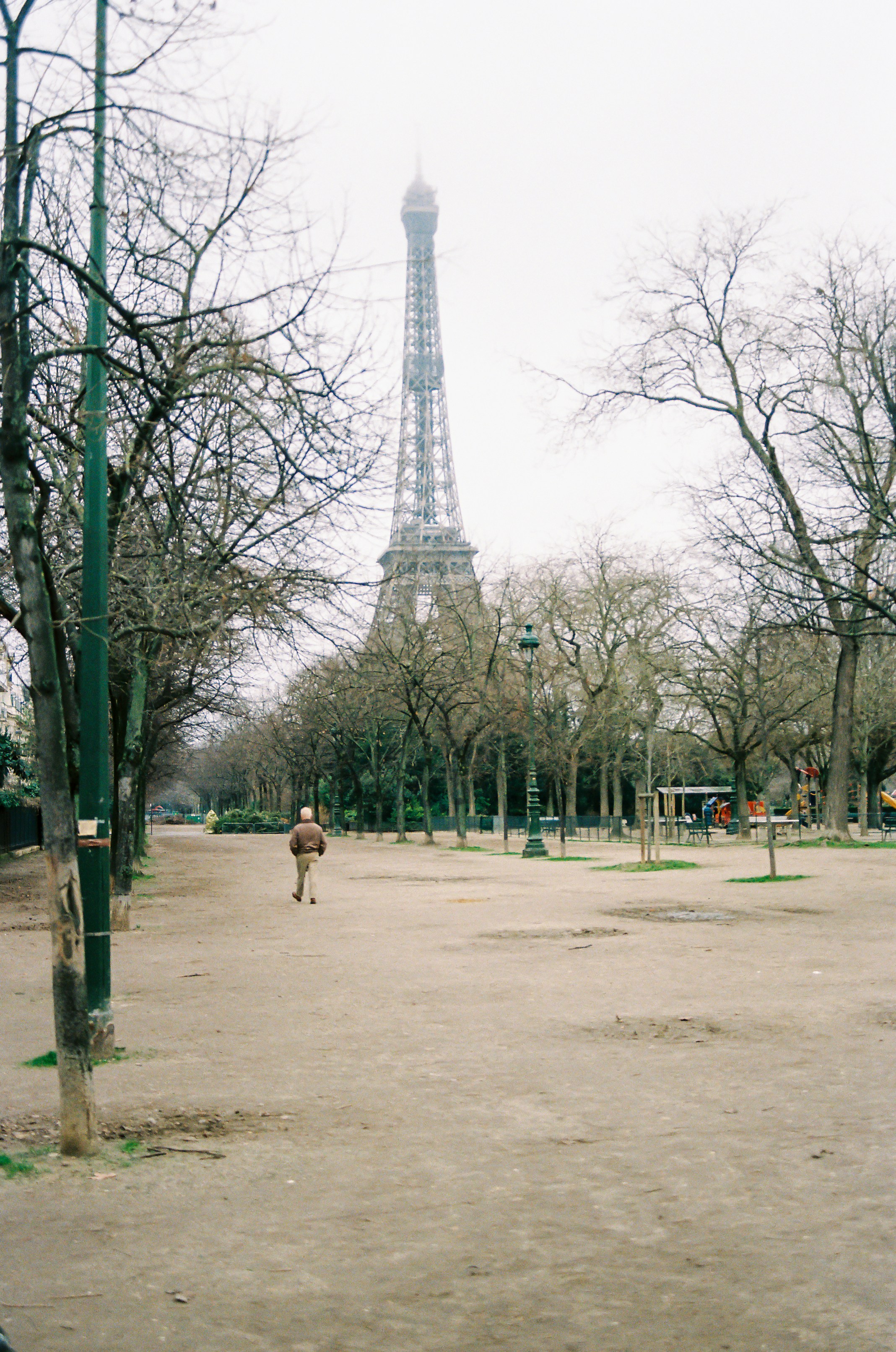A solitary figure walks along a tree-lined path, with the Eiffel Tower rising majestically in the background, shrouded in a soft haze.