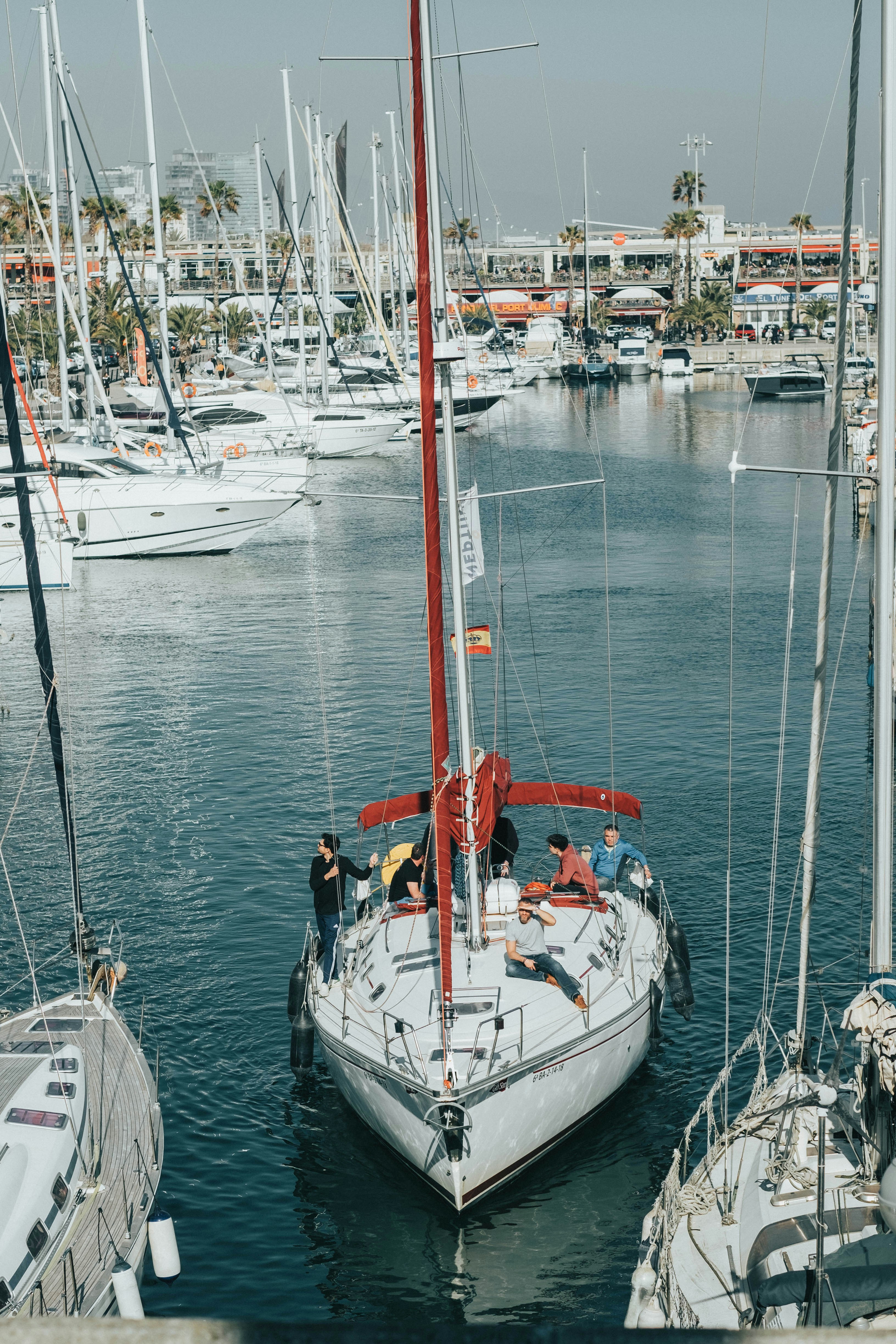 Red Mast Rendezvous: A Sunlit Marina Scene