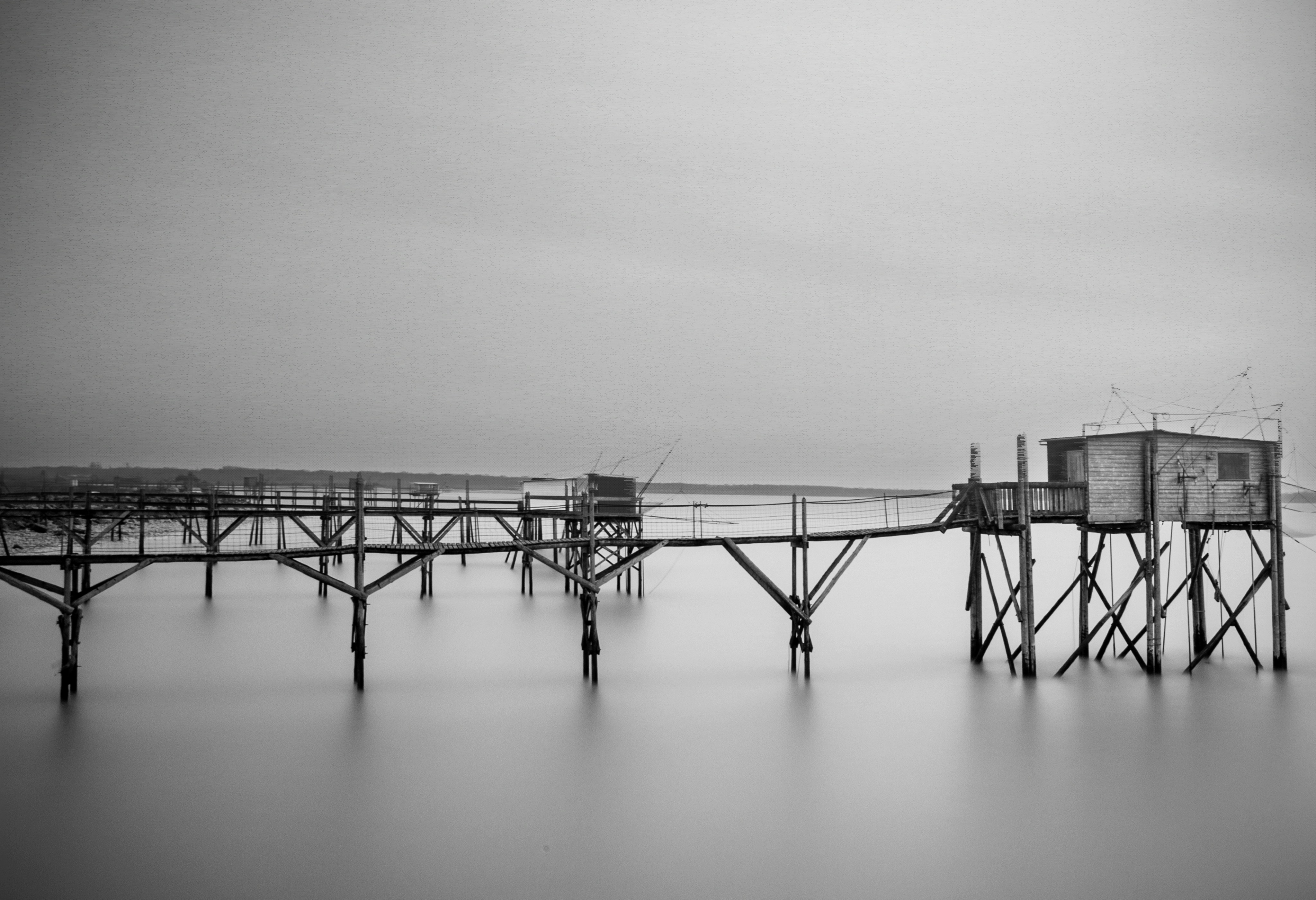 Grayscale photo of wooden dock on body of water photo – Free Wooden ...