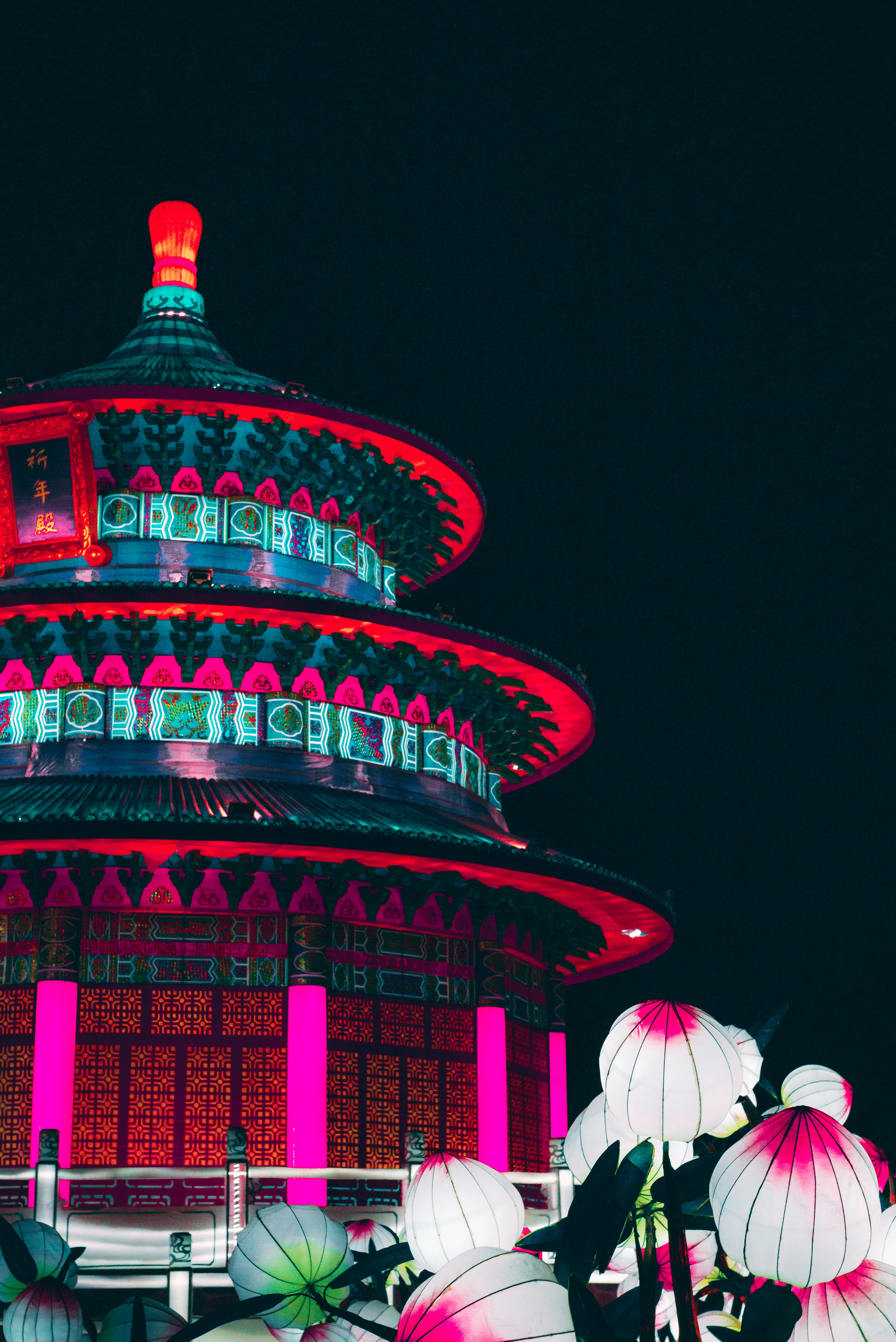 Illuminated Pagoda at Night