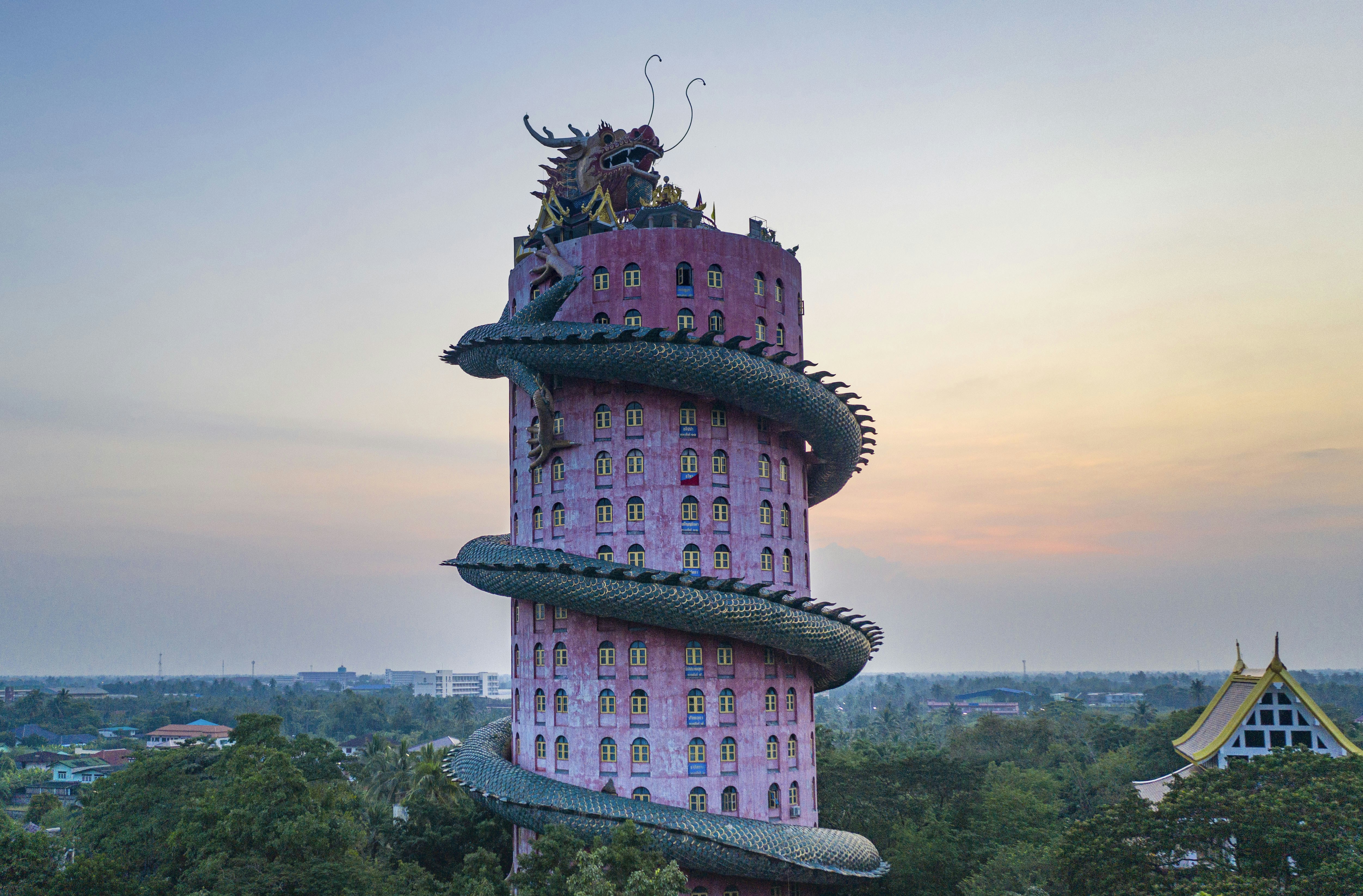 Pink Dragon Tower Wrapped by a Serpentine Spiral at Sunset