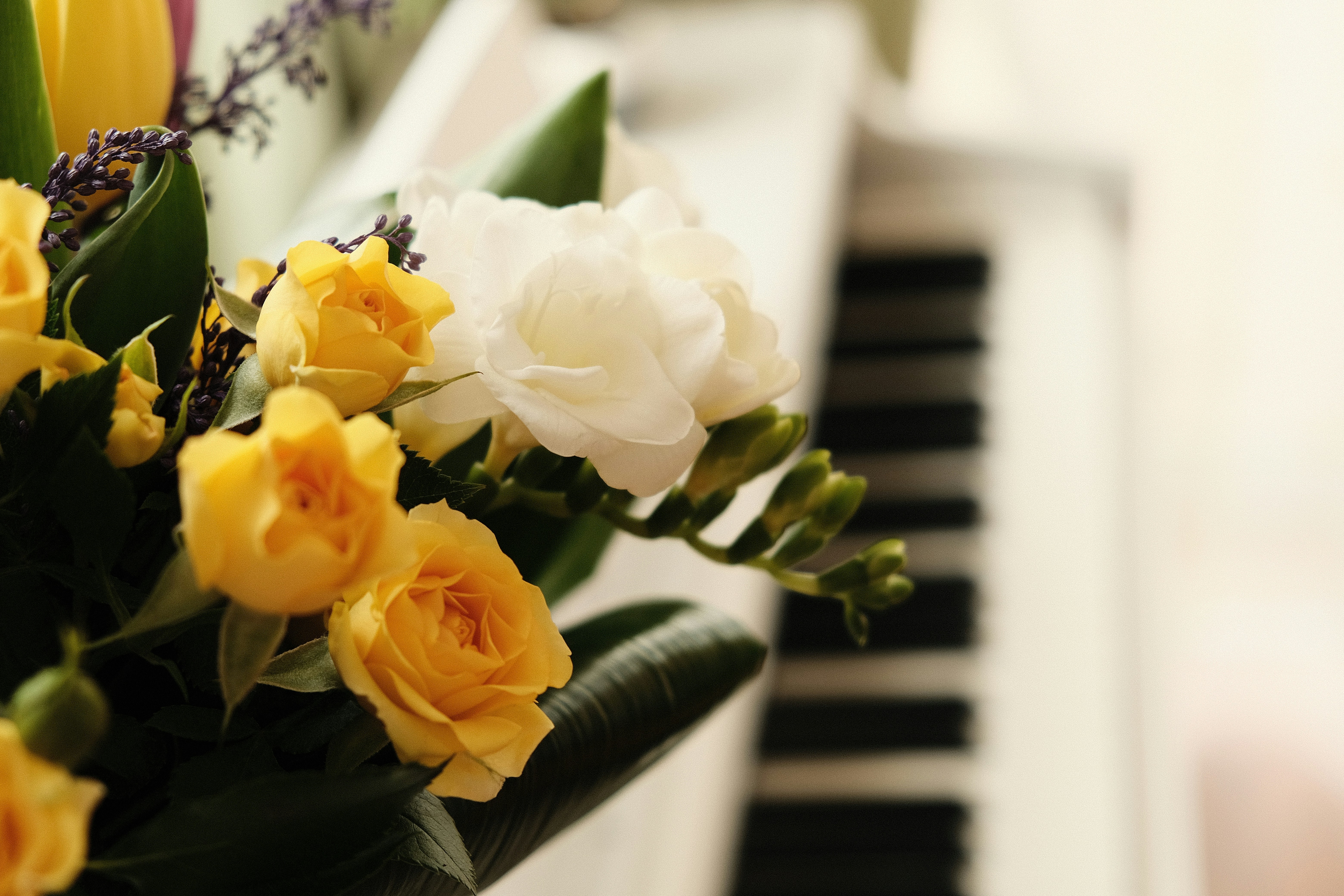 Yellow roses and white blooms cascading toward a piano keyboard