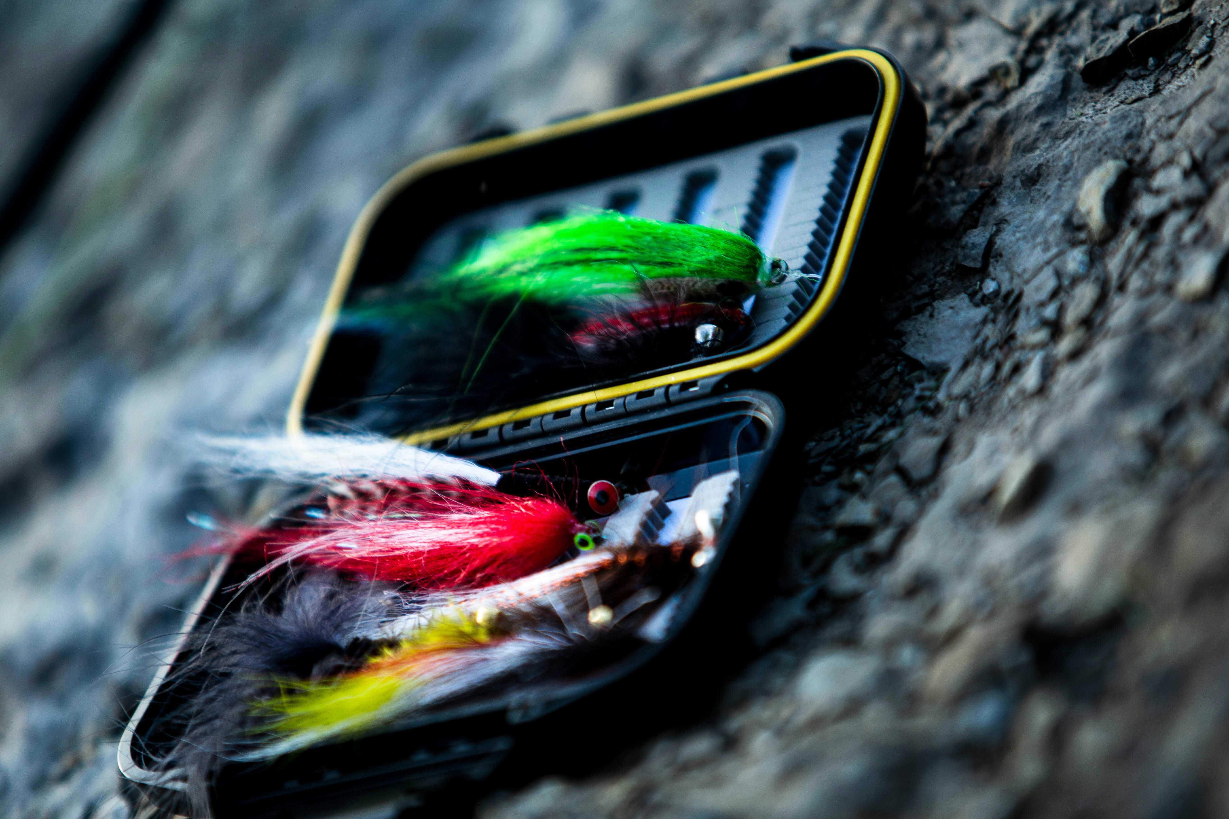 Glinting Lure Cabinet: A Close-Up of Colorful Baits in a Rock Sleeve