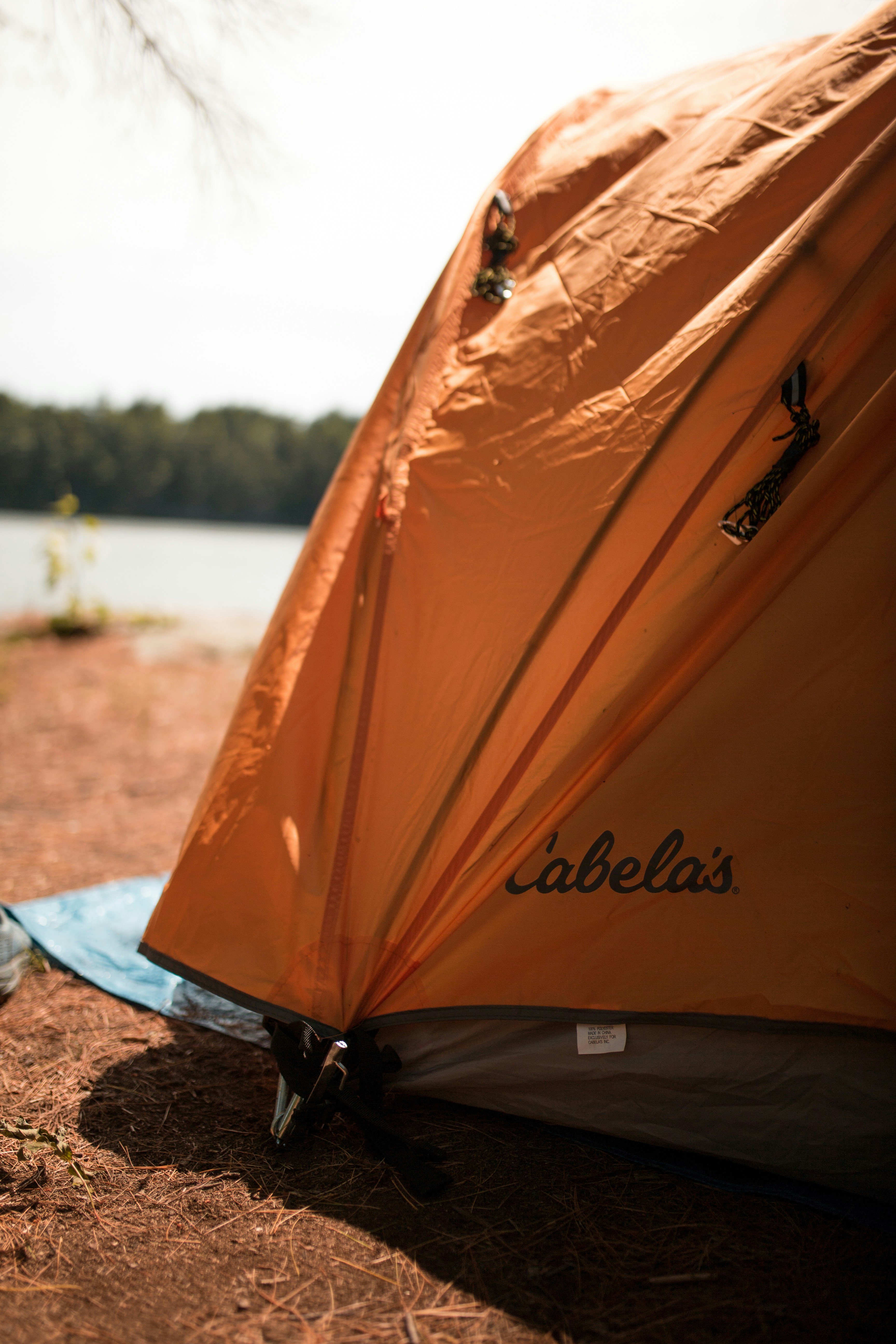 Lakeside Shelter: An orange Cabela's tent by a calm shoreline