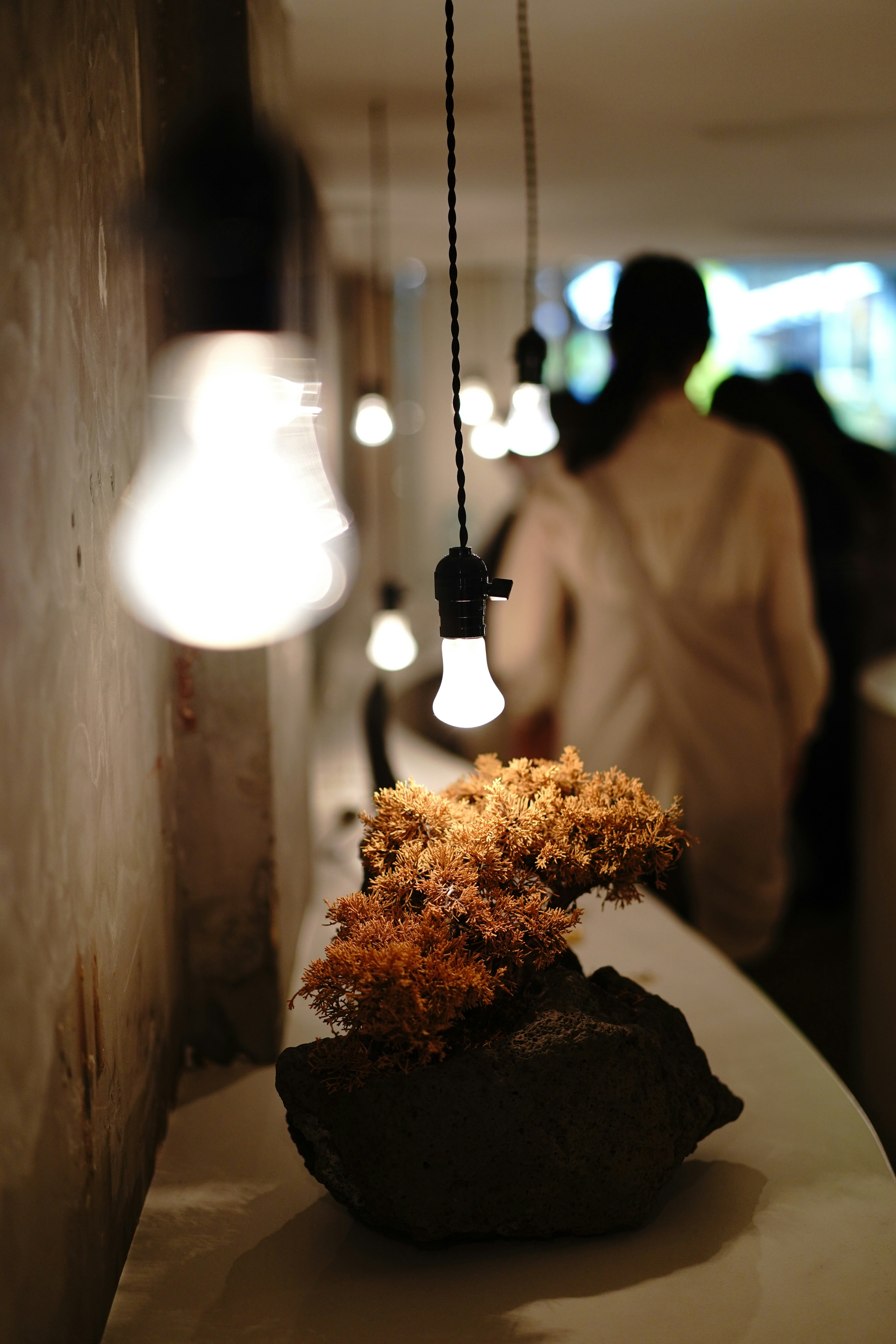 Pendant-Glow Still Life: mossy rock centerpiece under warm bulbs