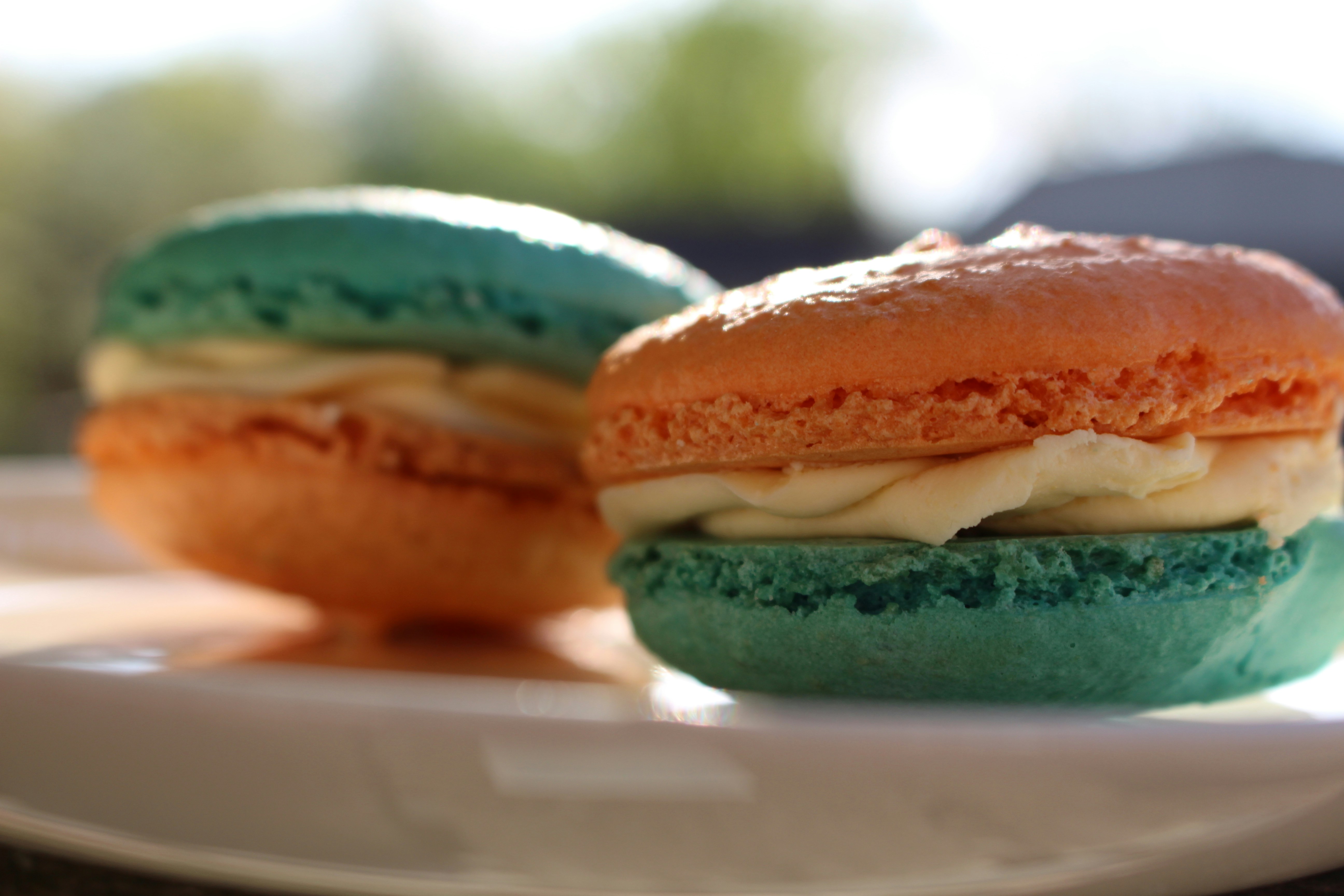 Vibrant macaron cookies in orange and teal, showcasing their delicate textures and creamy filling on a white plate.
