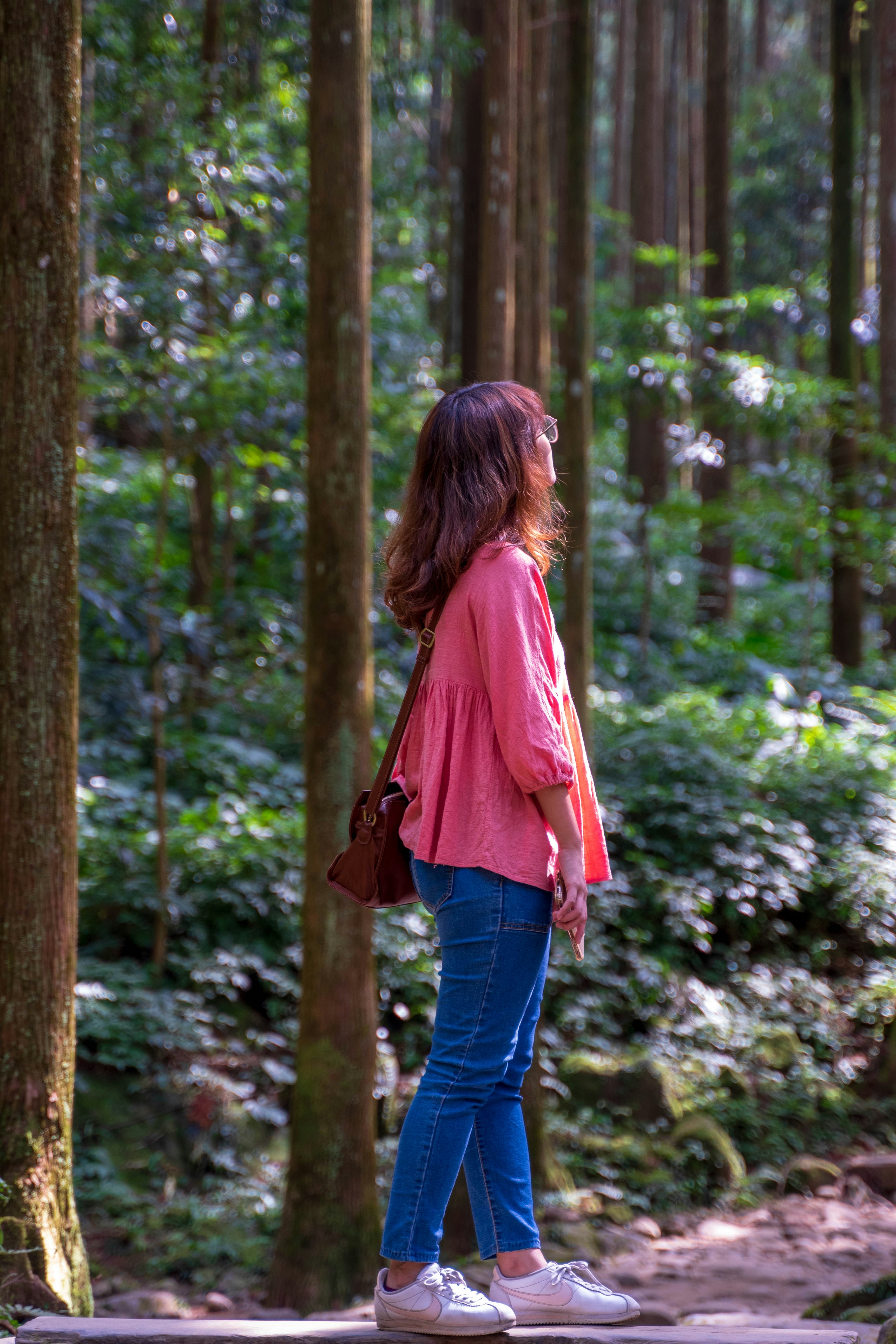 Woman in a pink blouse standing quietly among tall trees in a lush green forest. Sunlight filters through the leaves, creating a serene atmosphere.