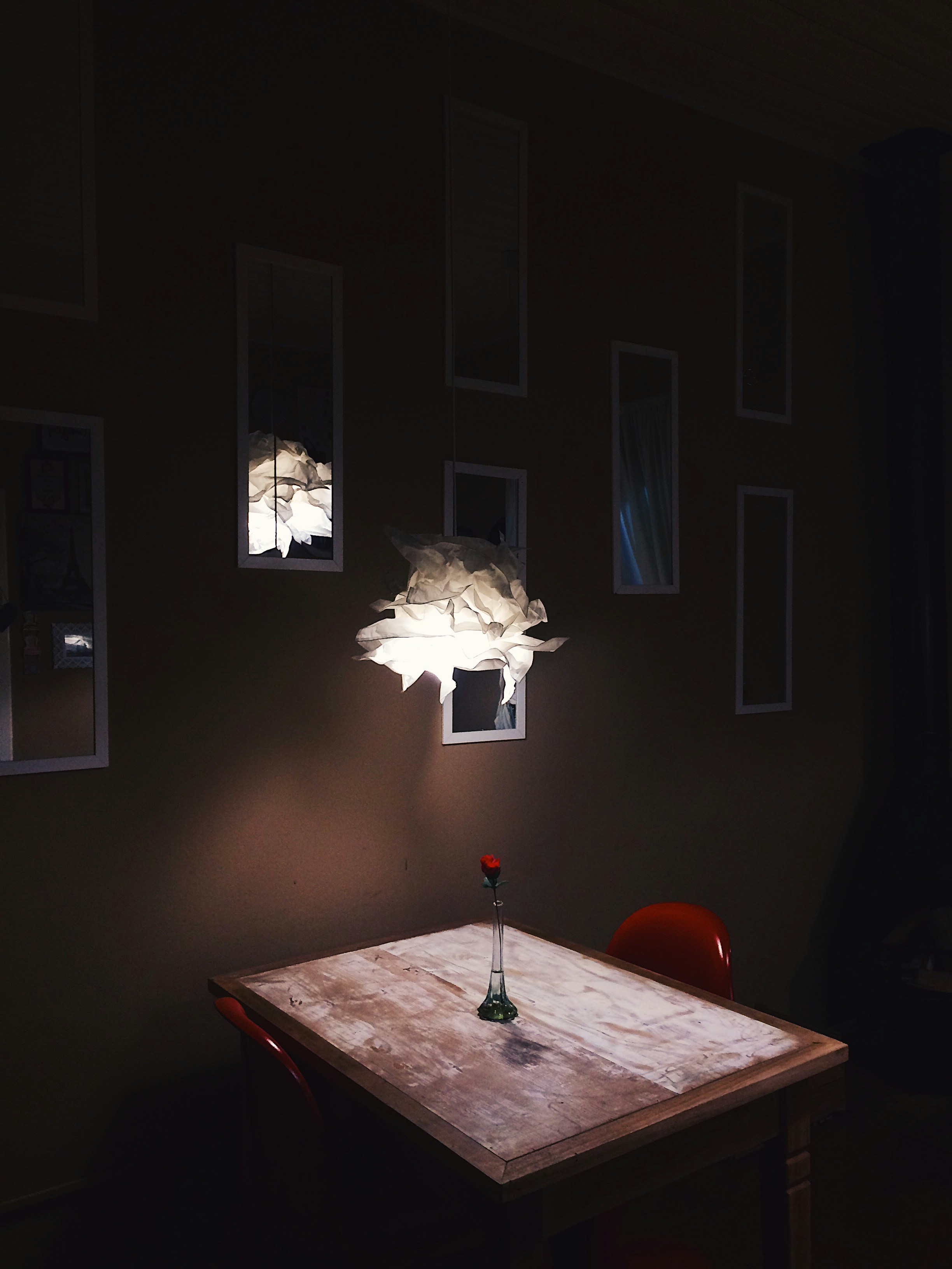 chandelier lighting up the red rose on the dining table