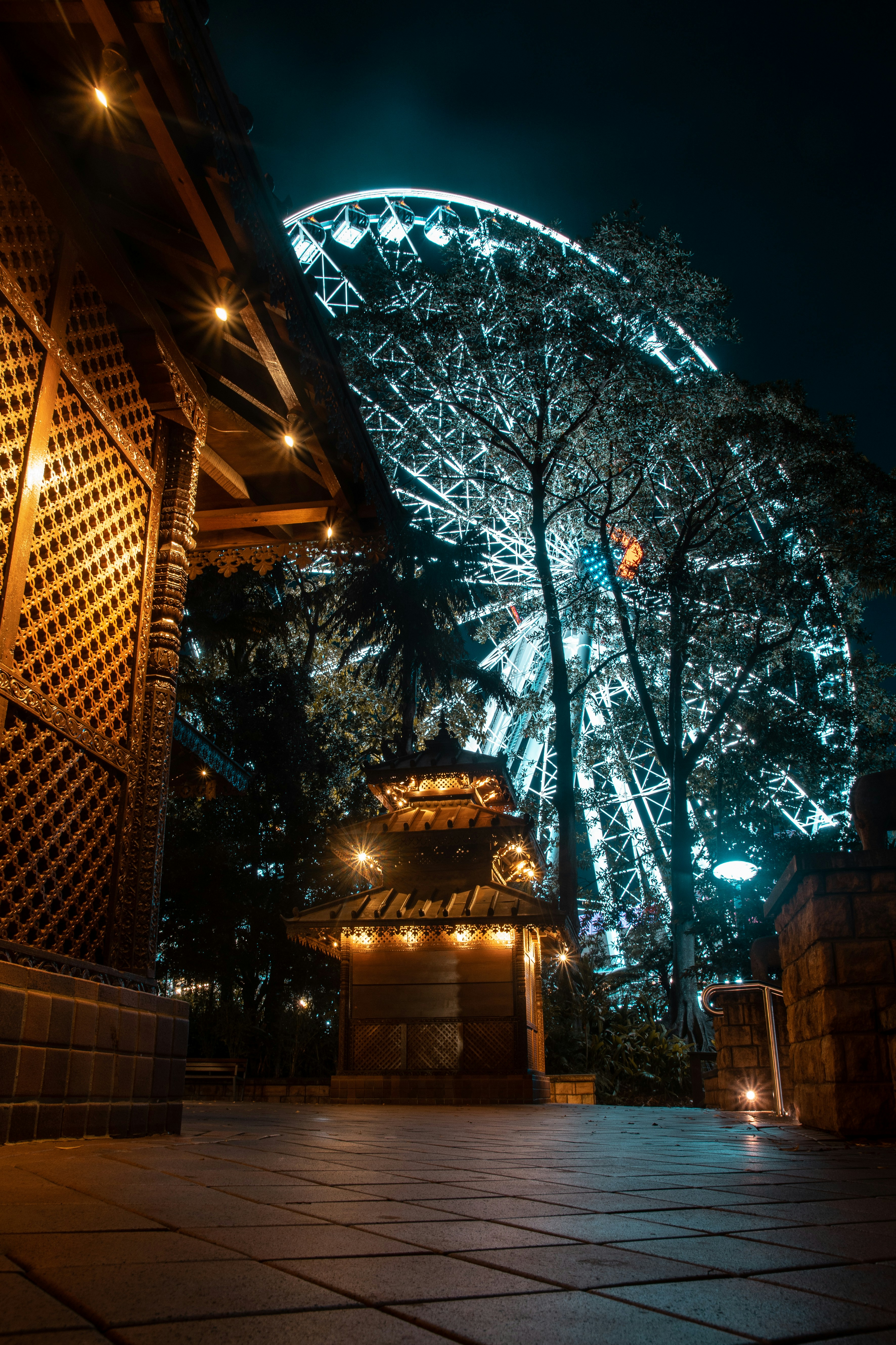Nightly picture of the Wheel of Brisbane, in contrast with heritage site of the Nepalese Peace Pagoda from the last global exhibit from the '88 World Expo in the foreground