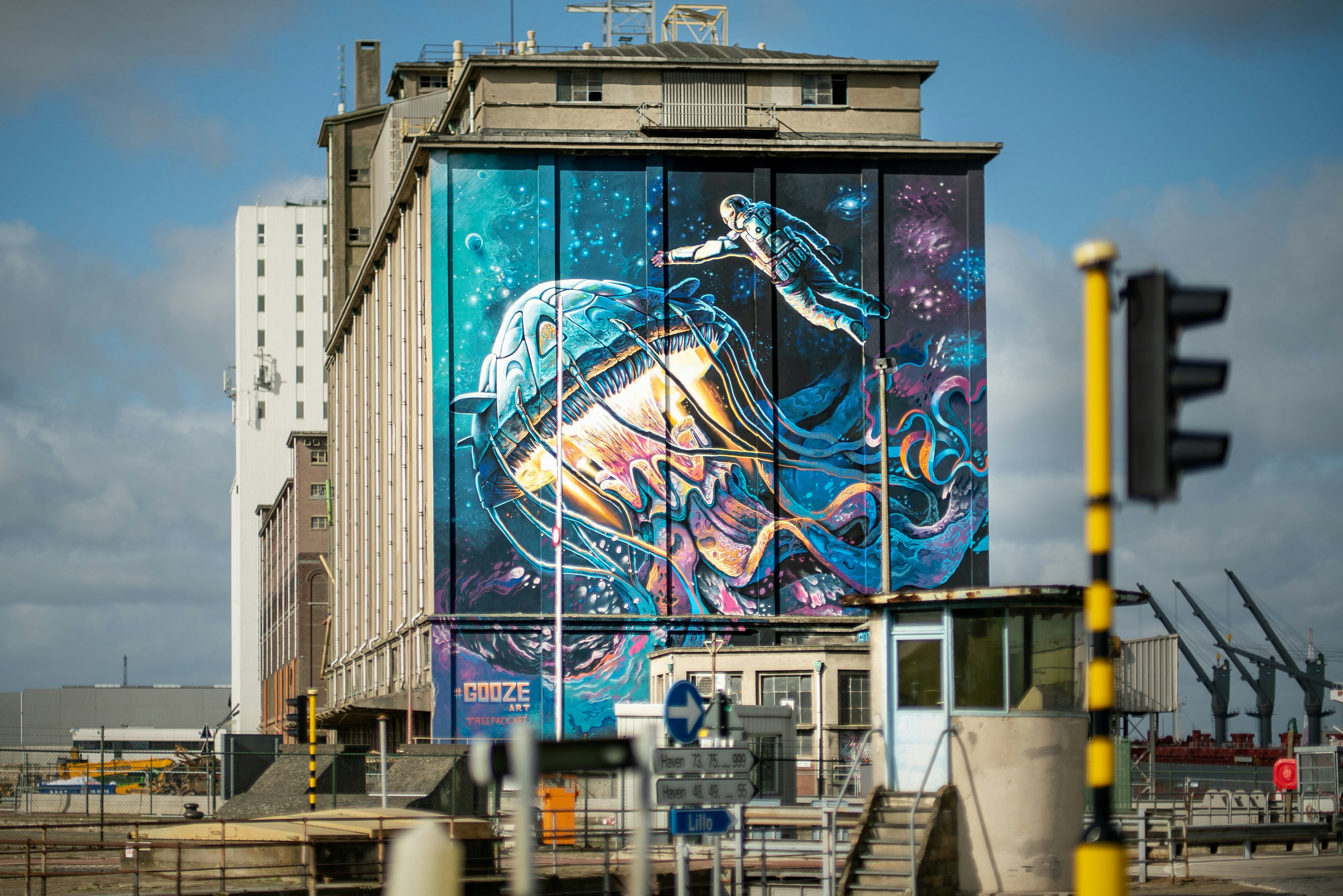Grafitti in Antwerpen. You can see an astronaut trying to reach a futuristic jellyfish. The grafitti is on a shipyard - it's stunning! 