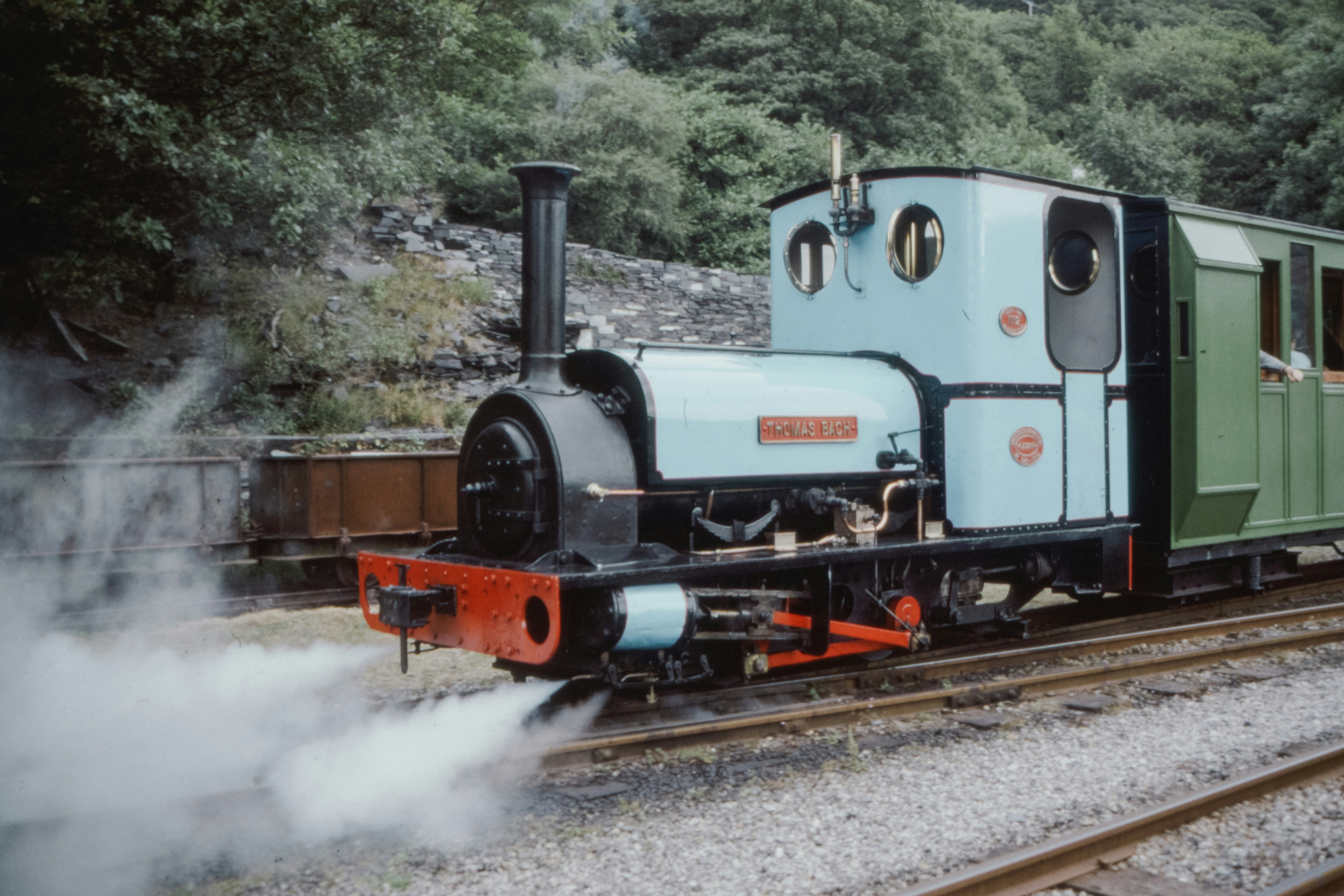 Blue-tinted Steam Locomotive Idling on a Rural Track