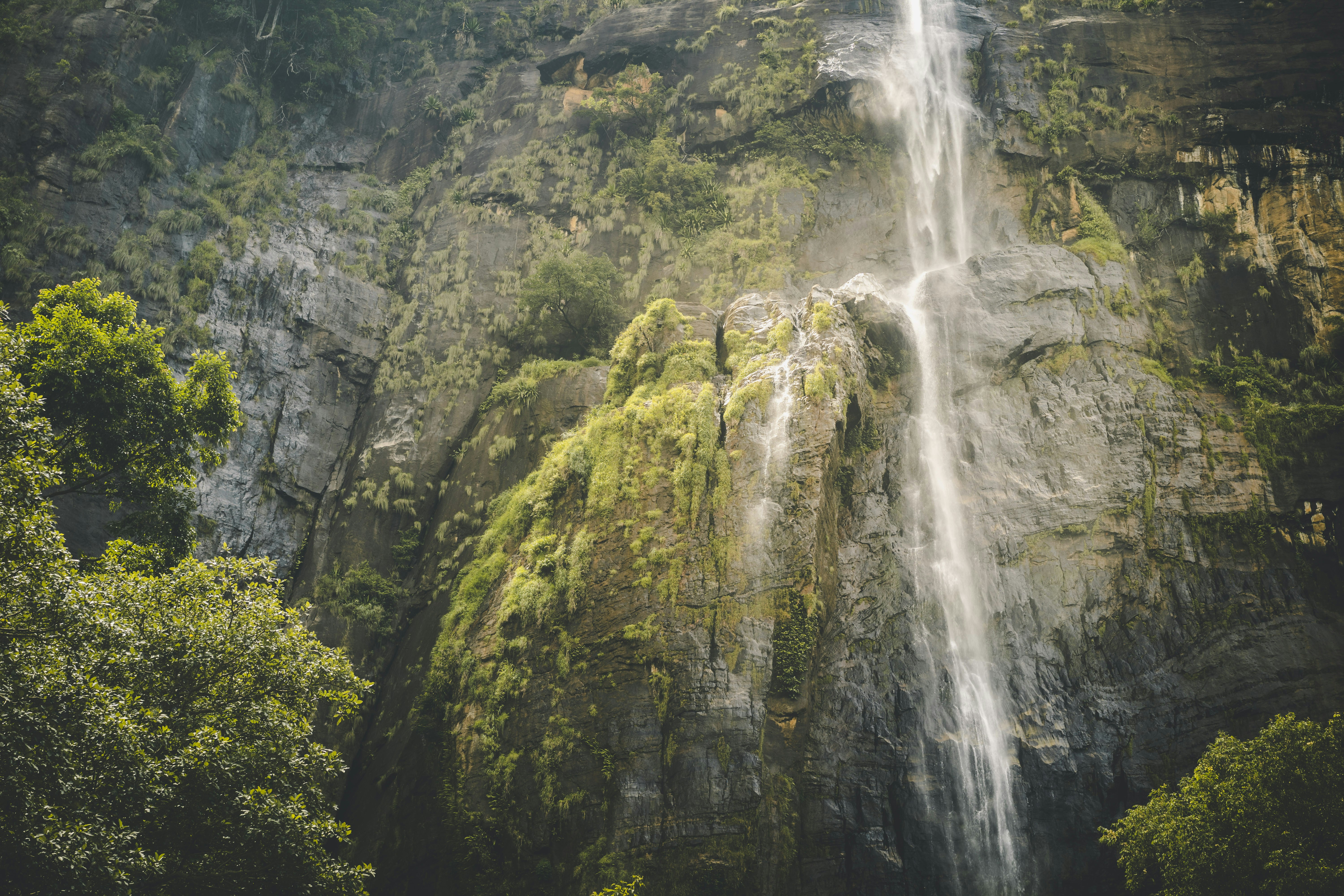 A majestic waterfall flows down a rocky cliff, surrounded by lush greenery and mist. The natural beauty captures the serene essence of the landscape.