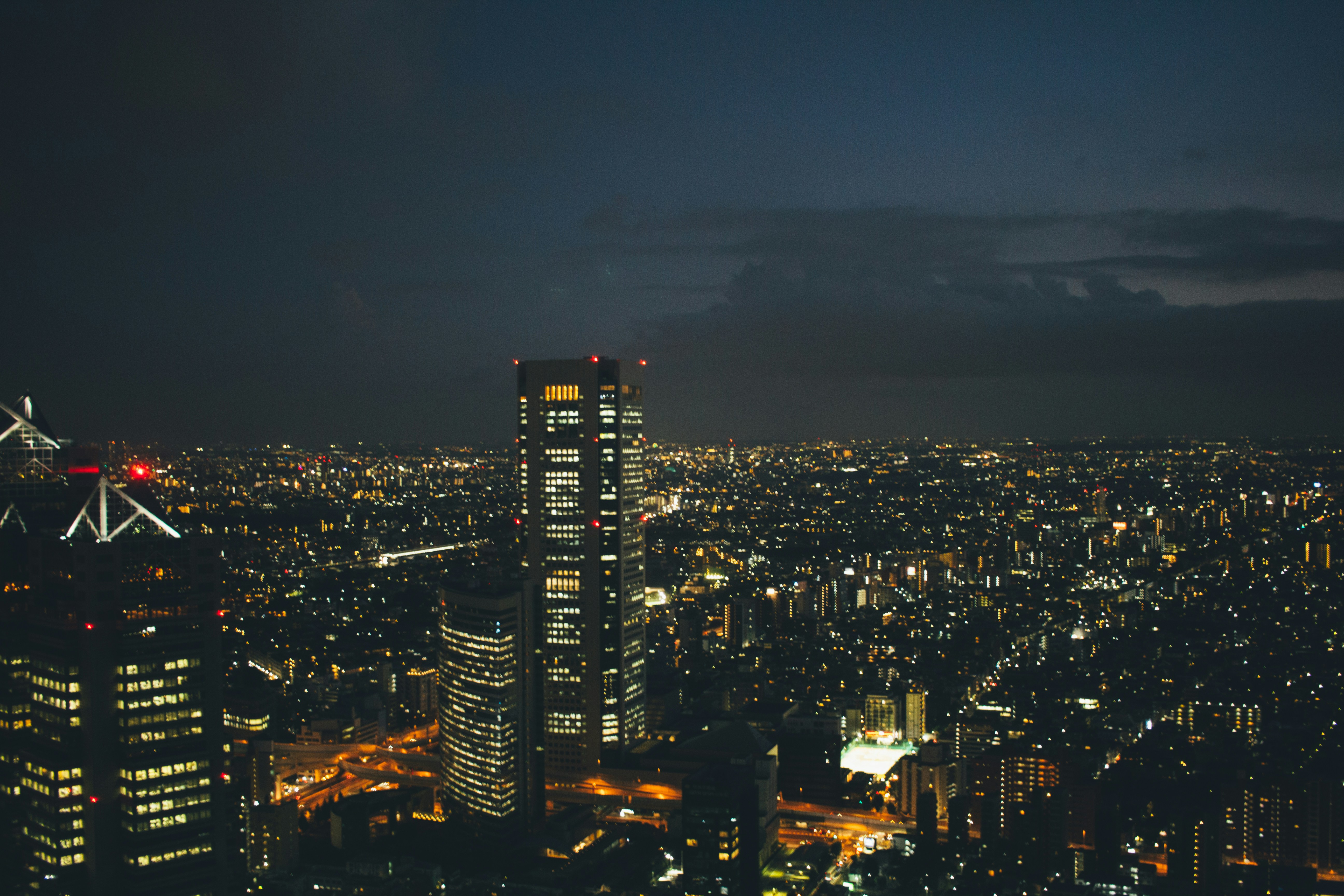 Vast cityscape illuminated by countless lights as dusk settles, showcasing towering skyscrapers and bustling streets.