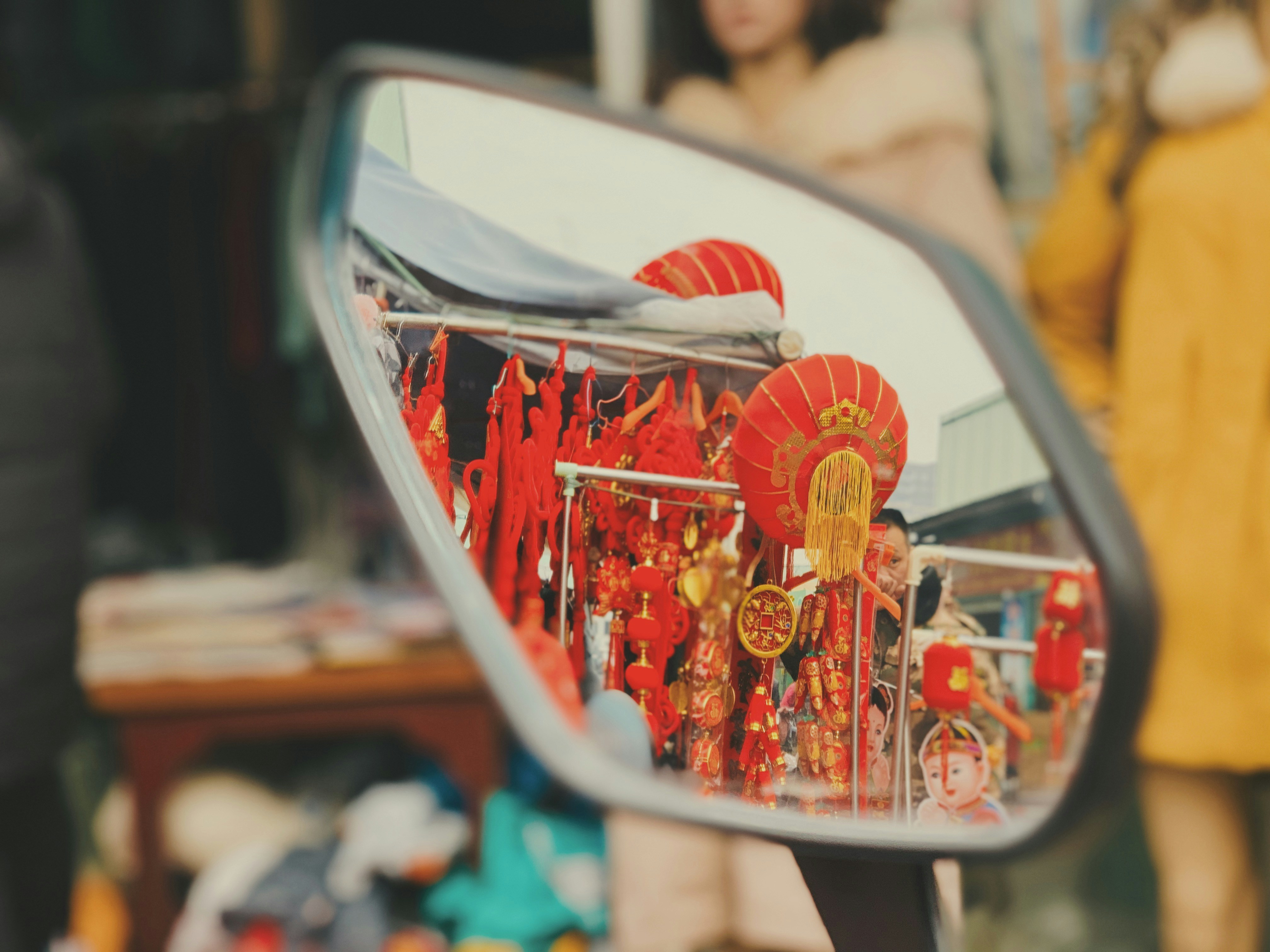 Red Lantern Reverie in a Side-Mirror Street Reflection