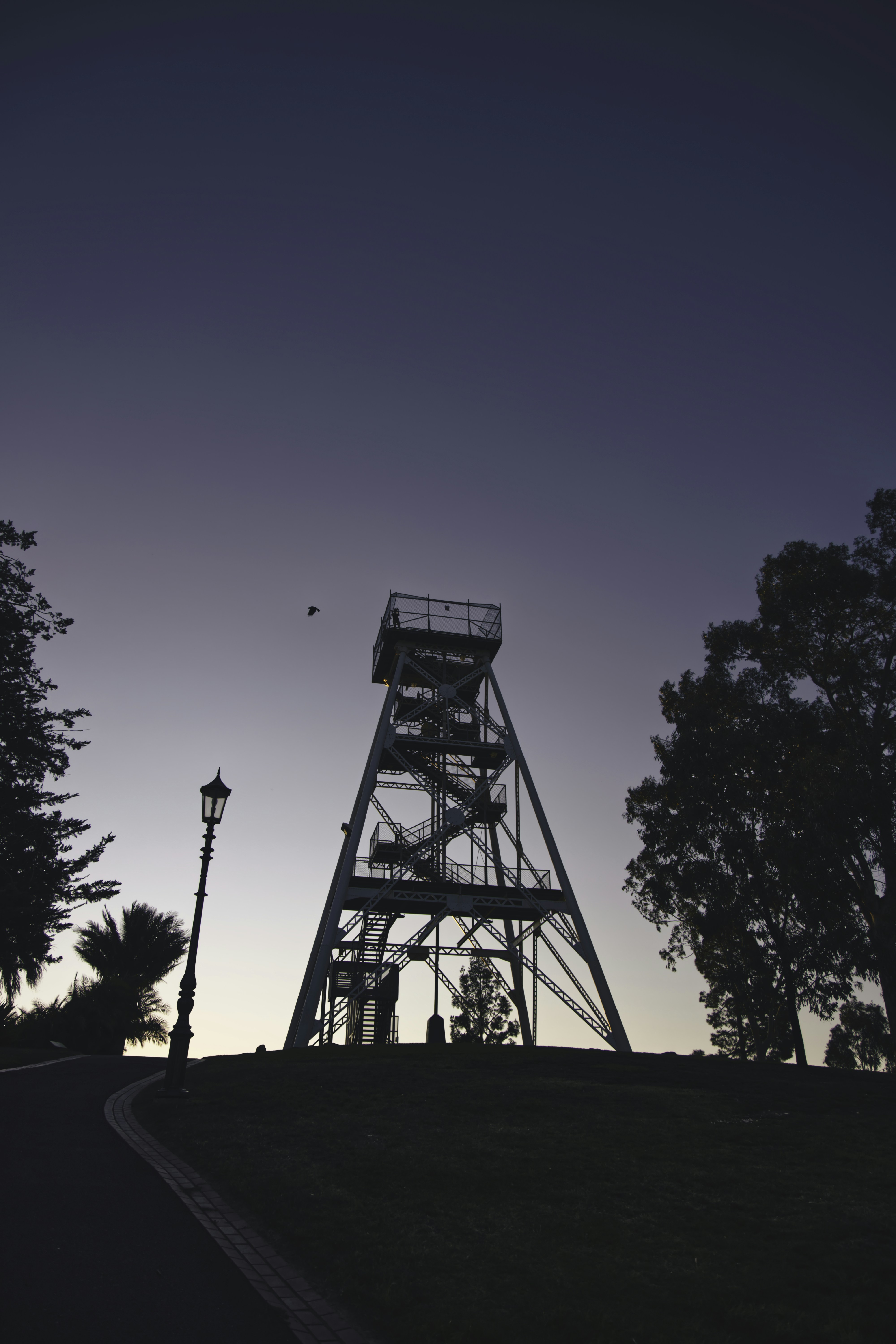Metal observation tower silhouetted against a gradient twilight sky, surrounded by trees and a lamp post.