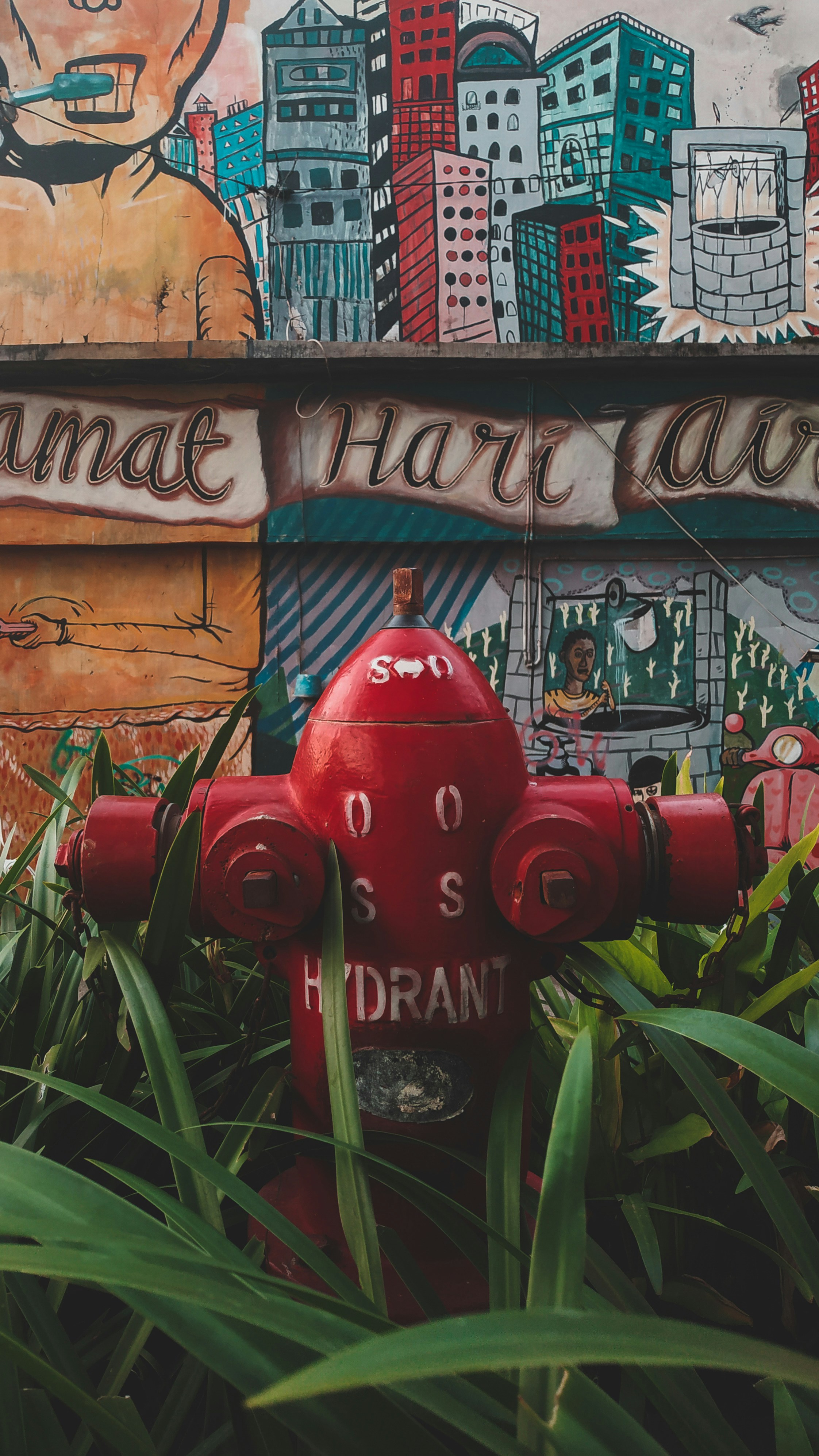Urban Red Hydrant Framing a Painted Cityscape