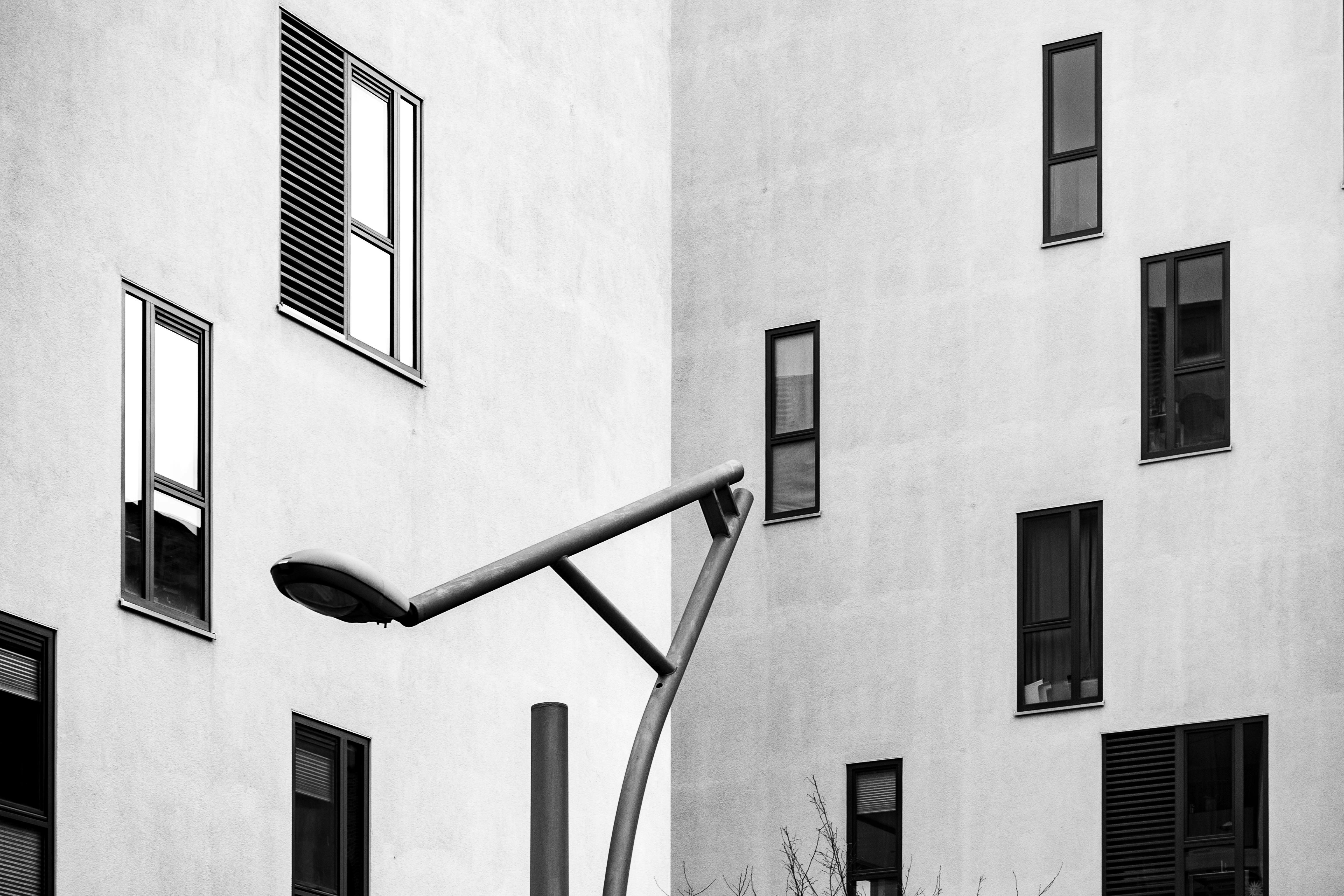 Monochrome Silhouette: The Curved Lamp Against a Modernist Wall