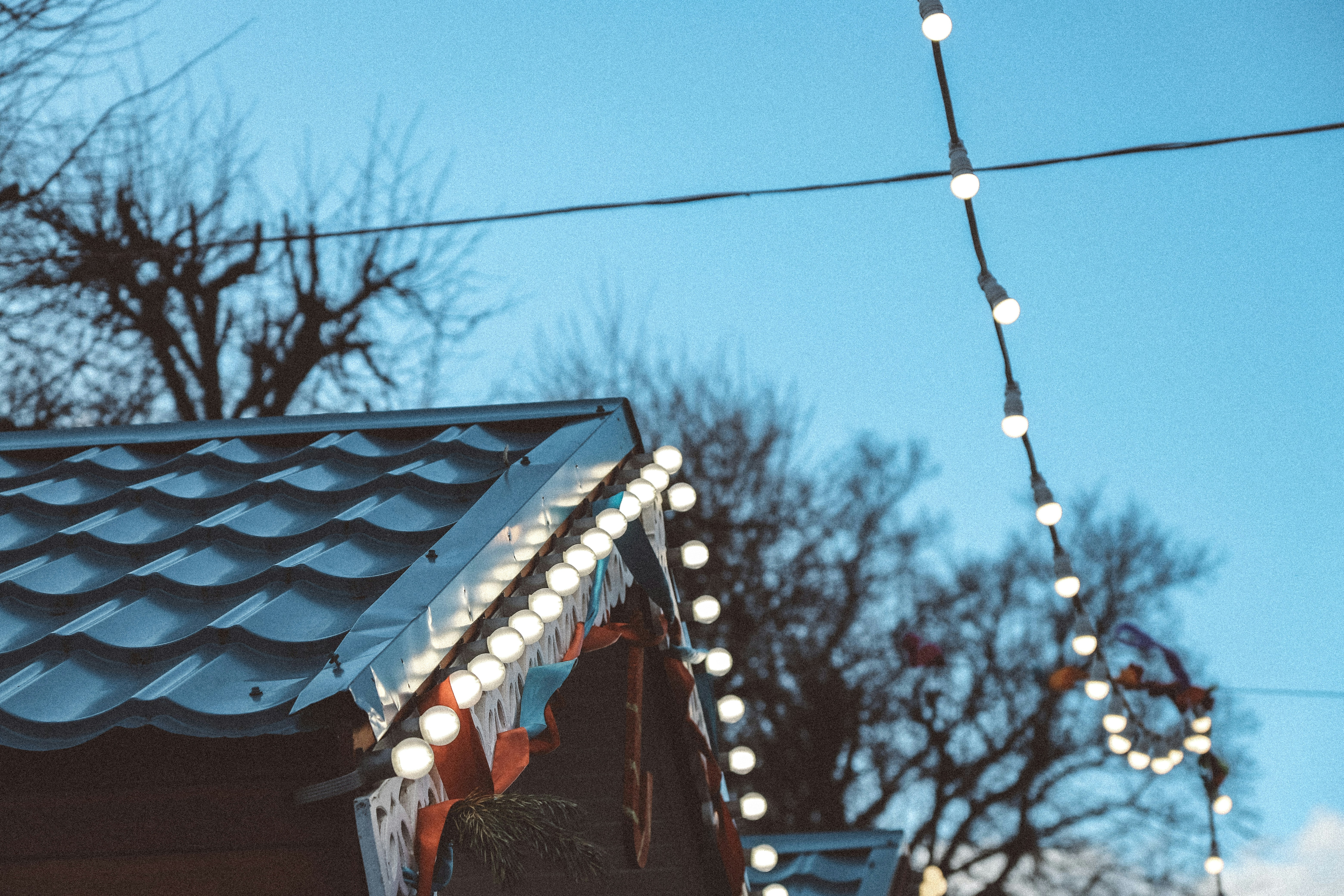brown wooden roof with string lights