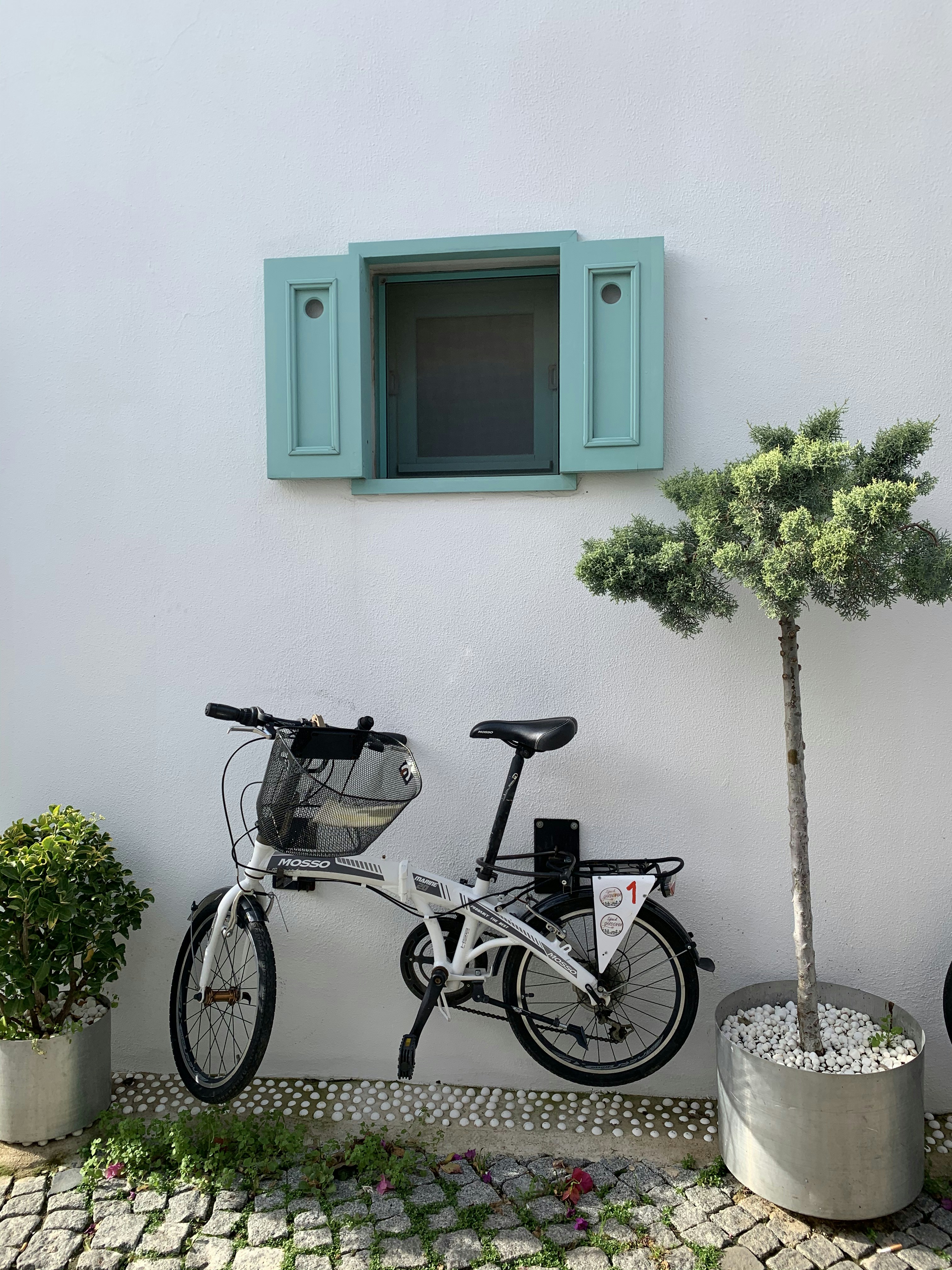 Teal Shutters by a White Wall: A Quiet Bicycle Scene