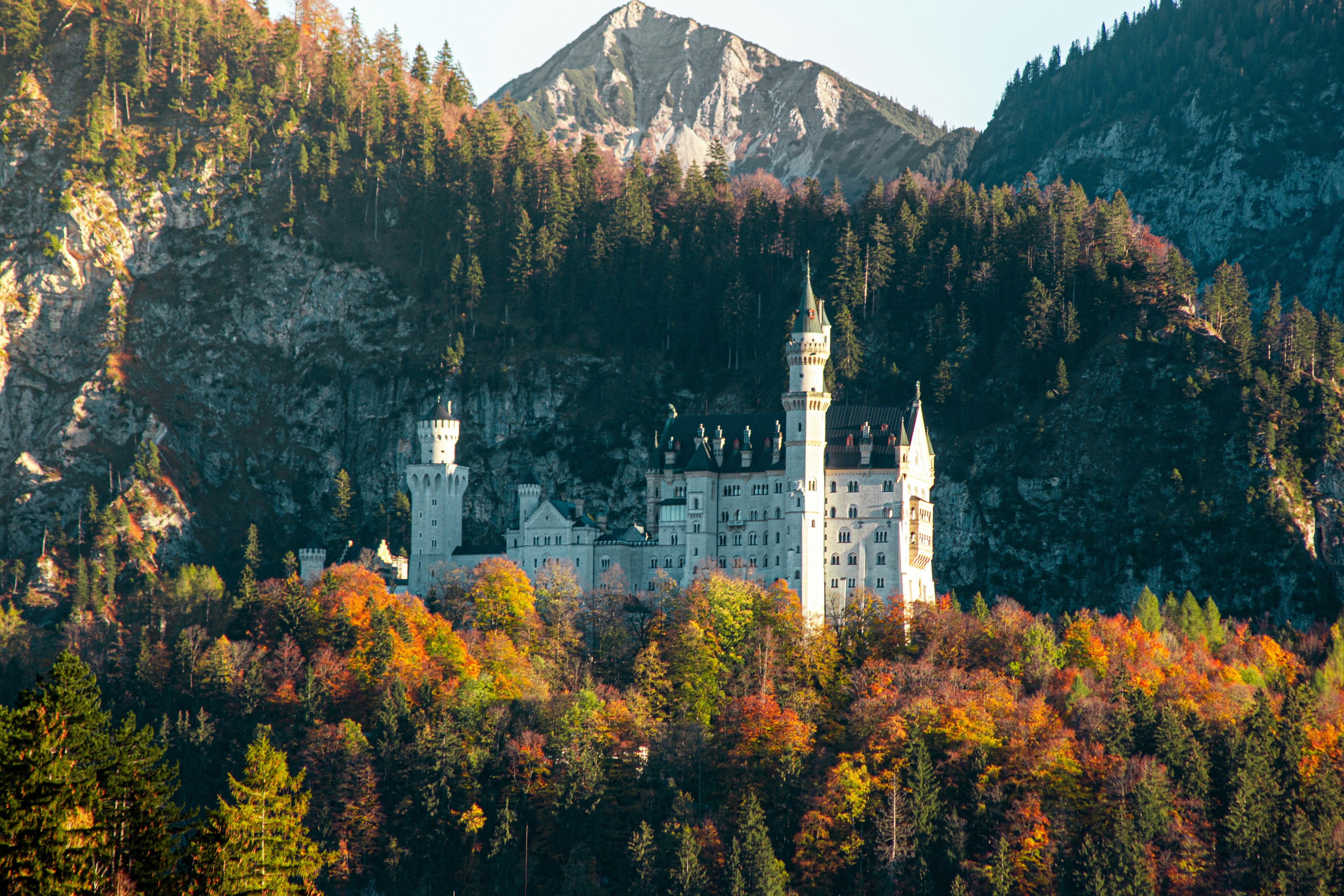 Neuschwanstein Castle surrounded by vibrant autumn foliage and rugged mountains.