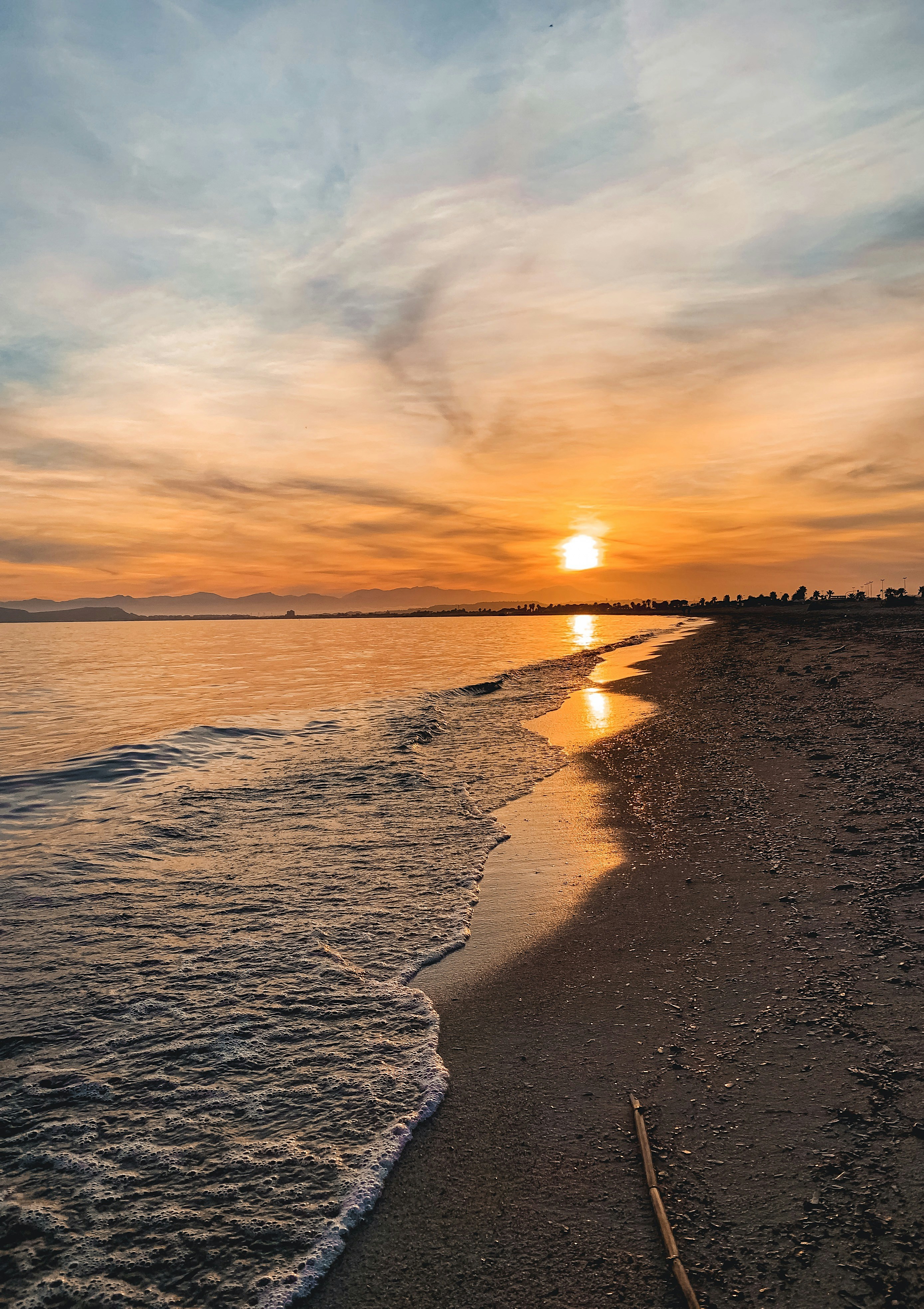 Sunlit shoreline at golden hour
