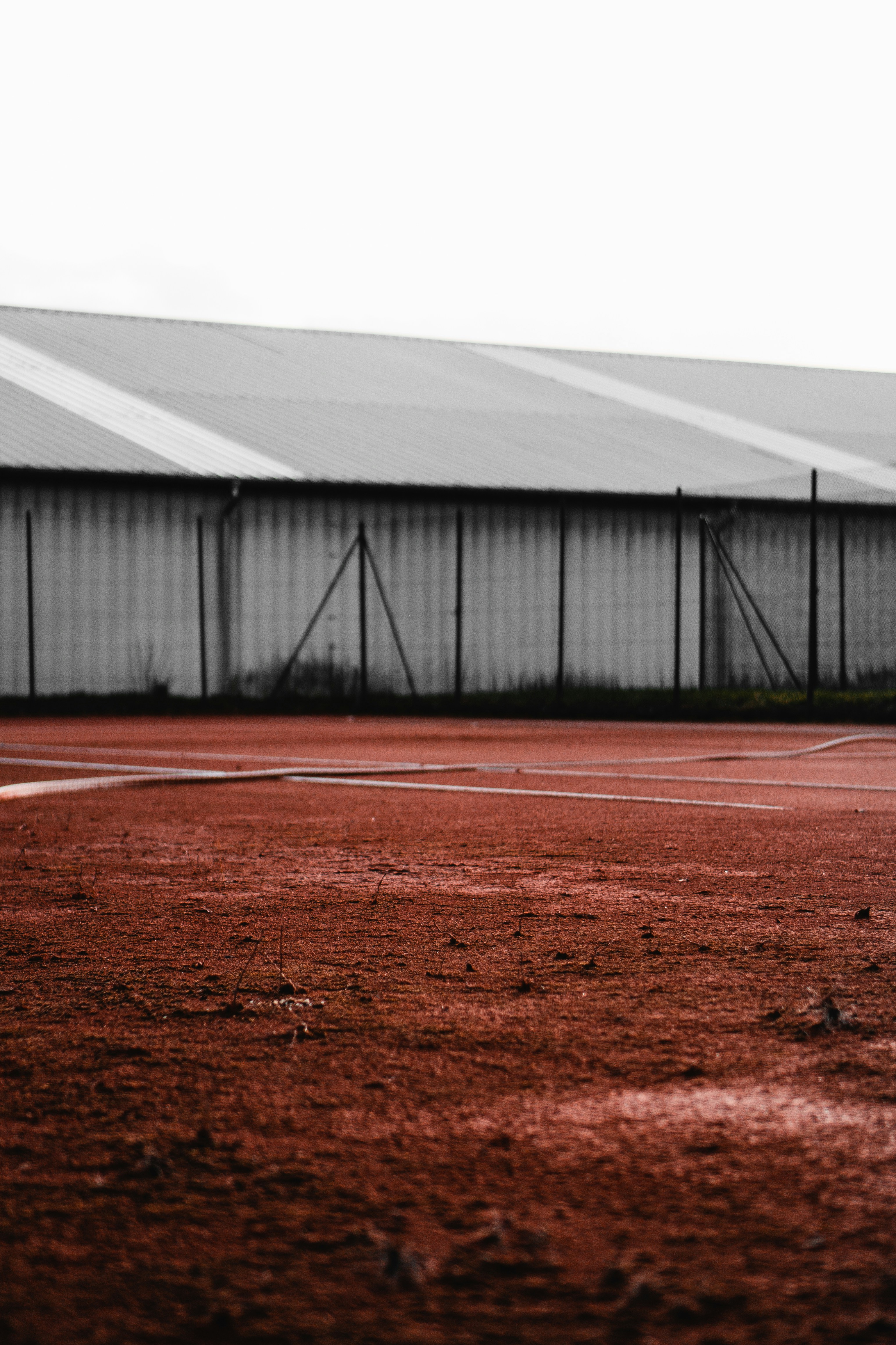 Crimson Ground, Iron Veins: A Field Framed by Fences and Roofs