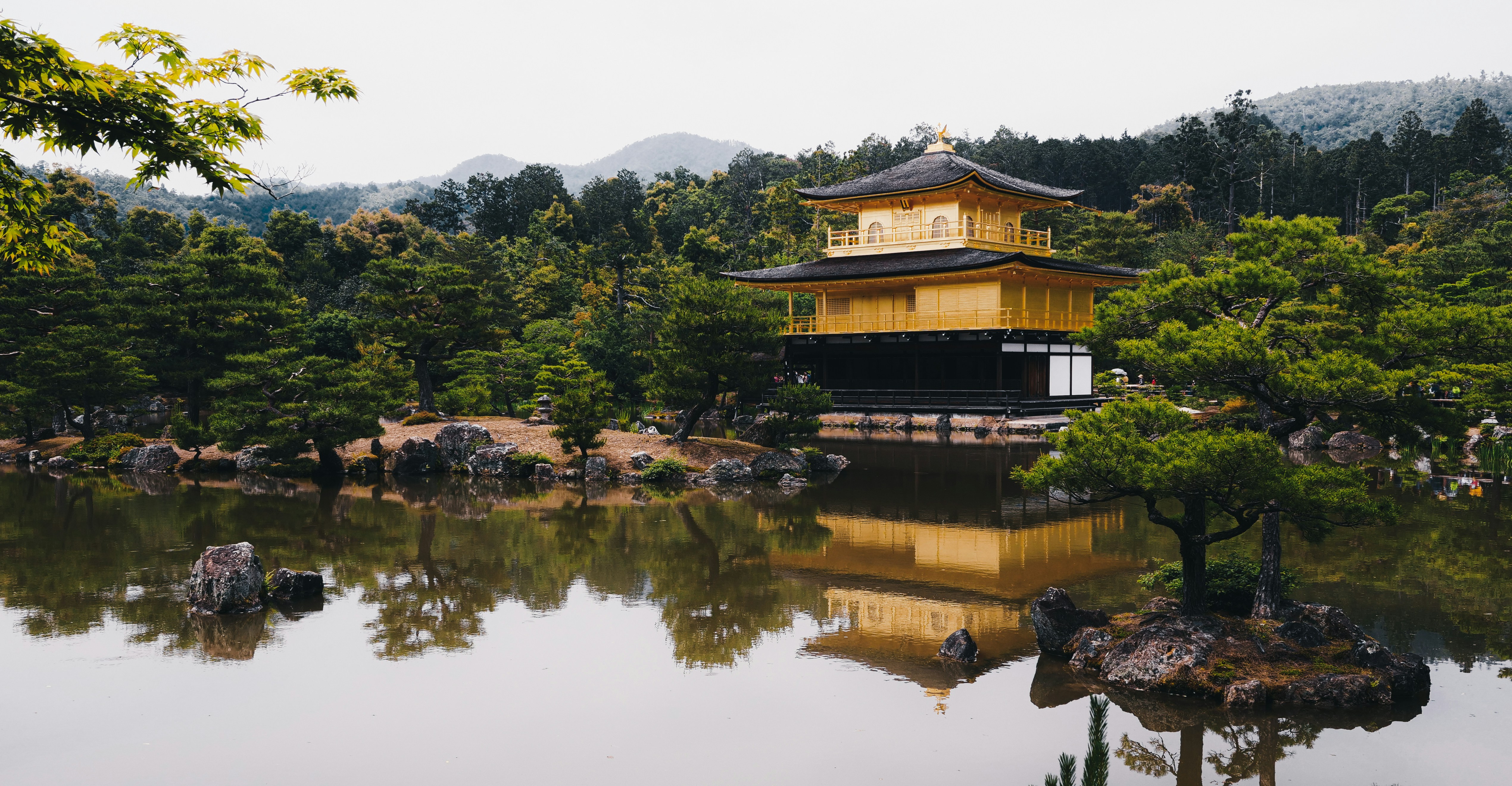 Golden Pavilion mirrored in the tranquil lake on a rainy day, surrounded by lush greenery.