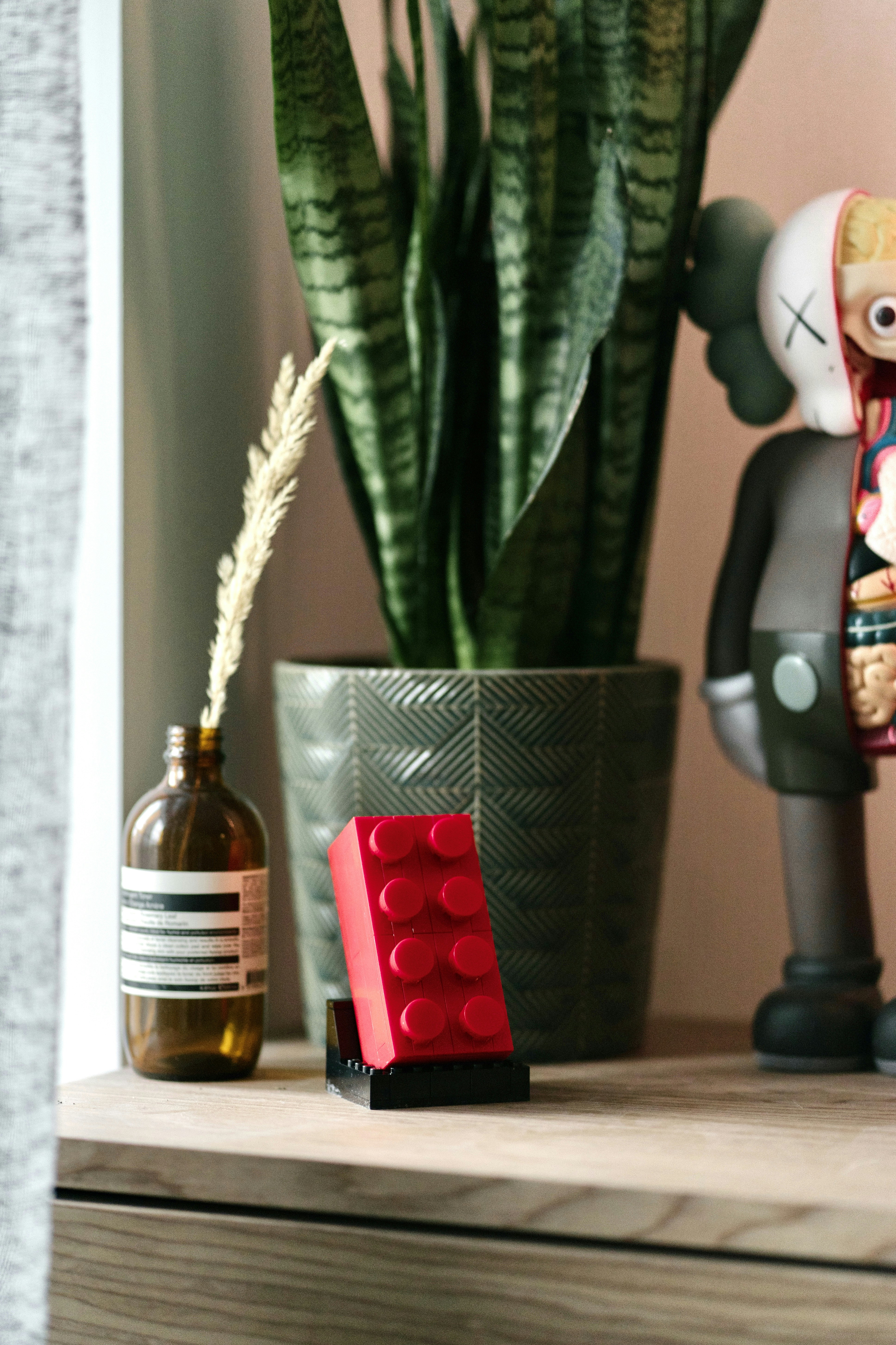 Red LEGO Leaning on a Wooden Shelf Amid Plants and Collectibles