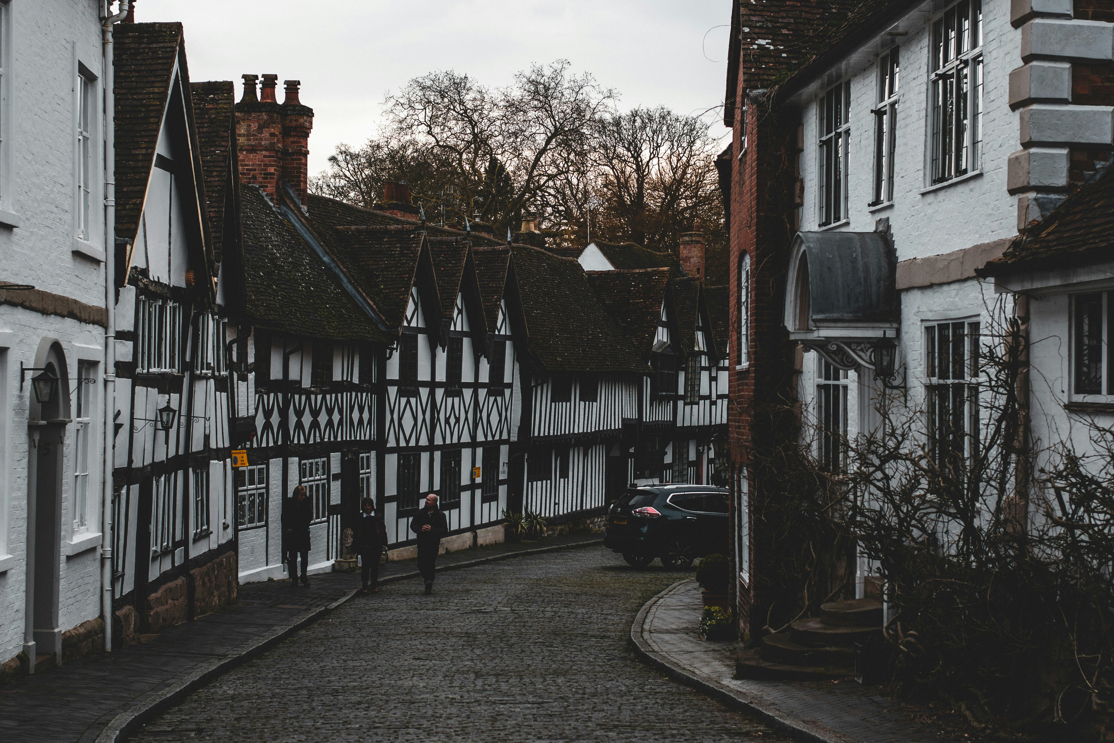 Charming cobblestone street lined with traditional half-timbered houses, capturing the essence of a quaint village. A solitary figure walks, adding a sense of life to the scene.