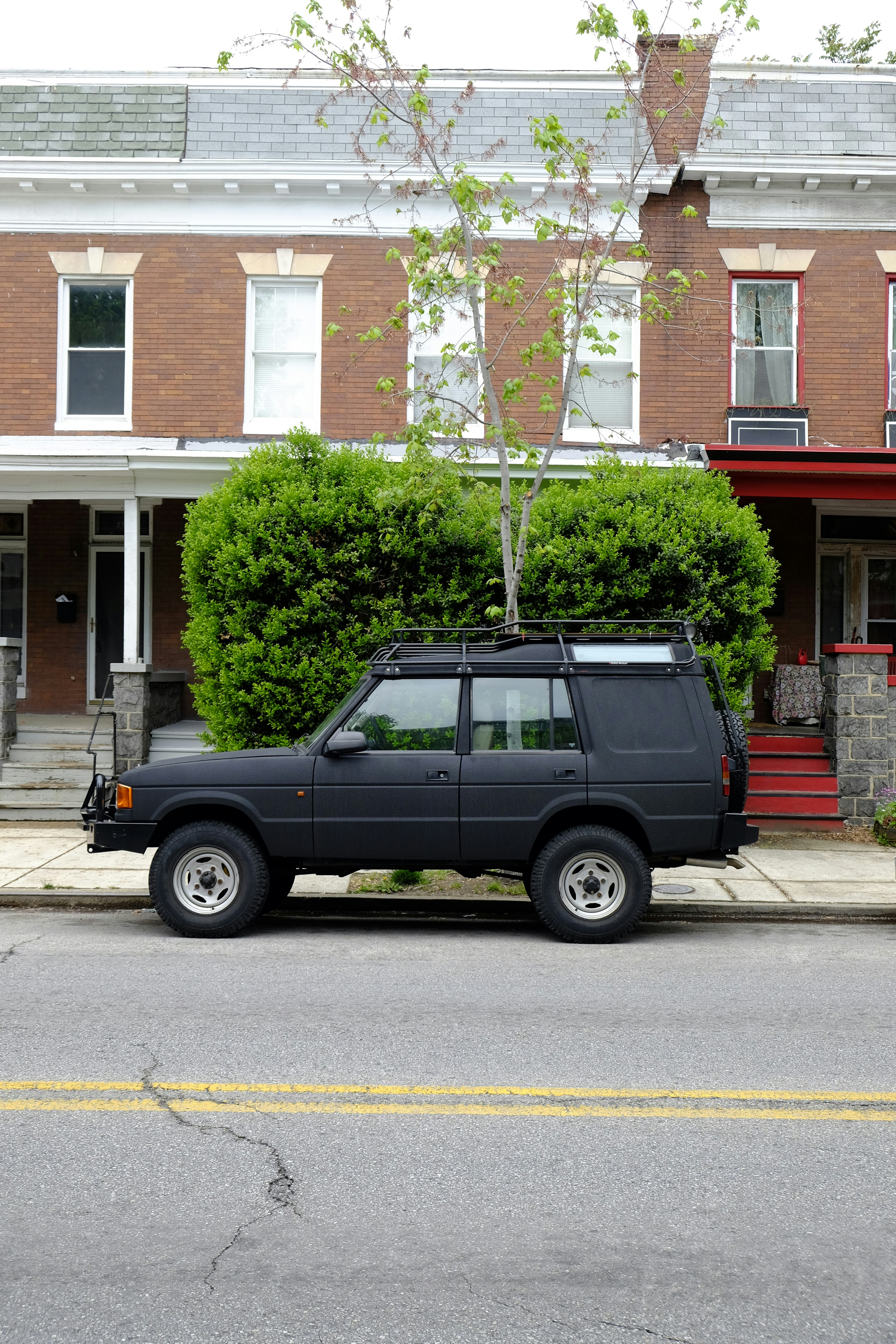 Sprout and Steel on a Quiet Street: A Dark SUV Framed by Brick Row Houses