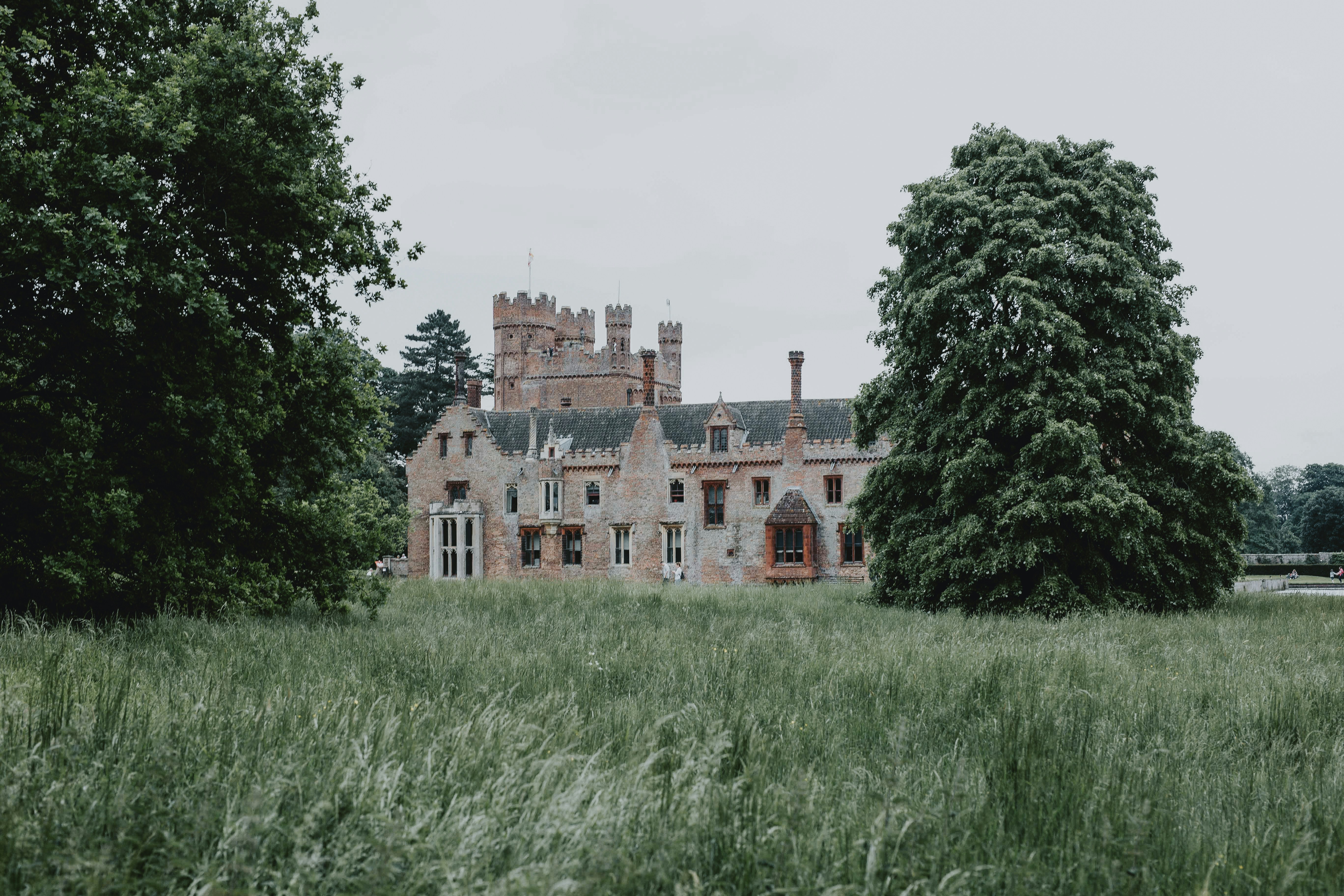 A historic estate partially obscured by tall grass, surrounded by lush trees under a cloudy sky.