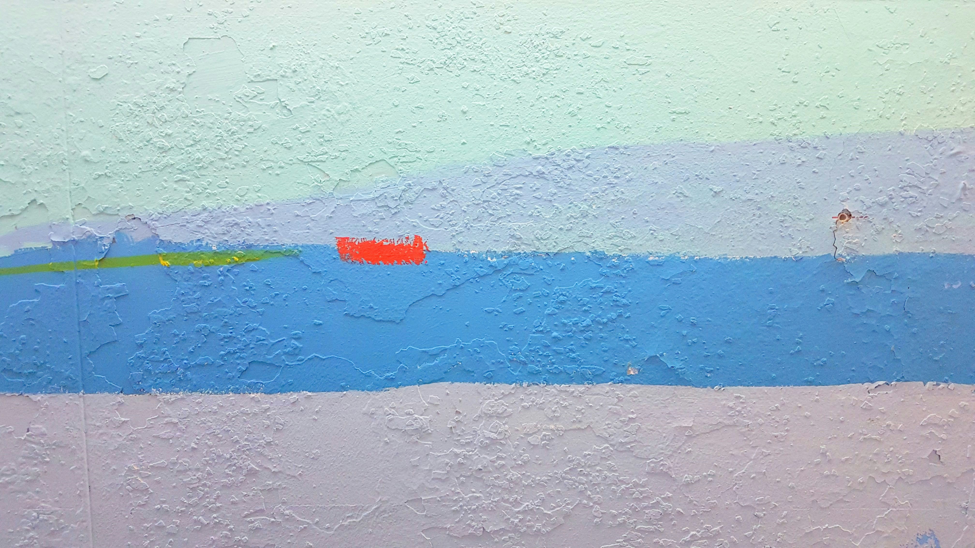 Pastel Horizon on a Textured Wall: A Tiny Red Vessel in the Painted Sea