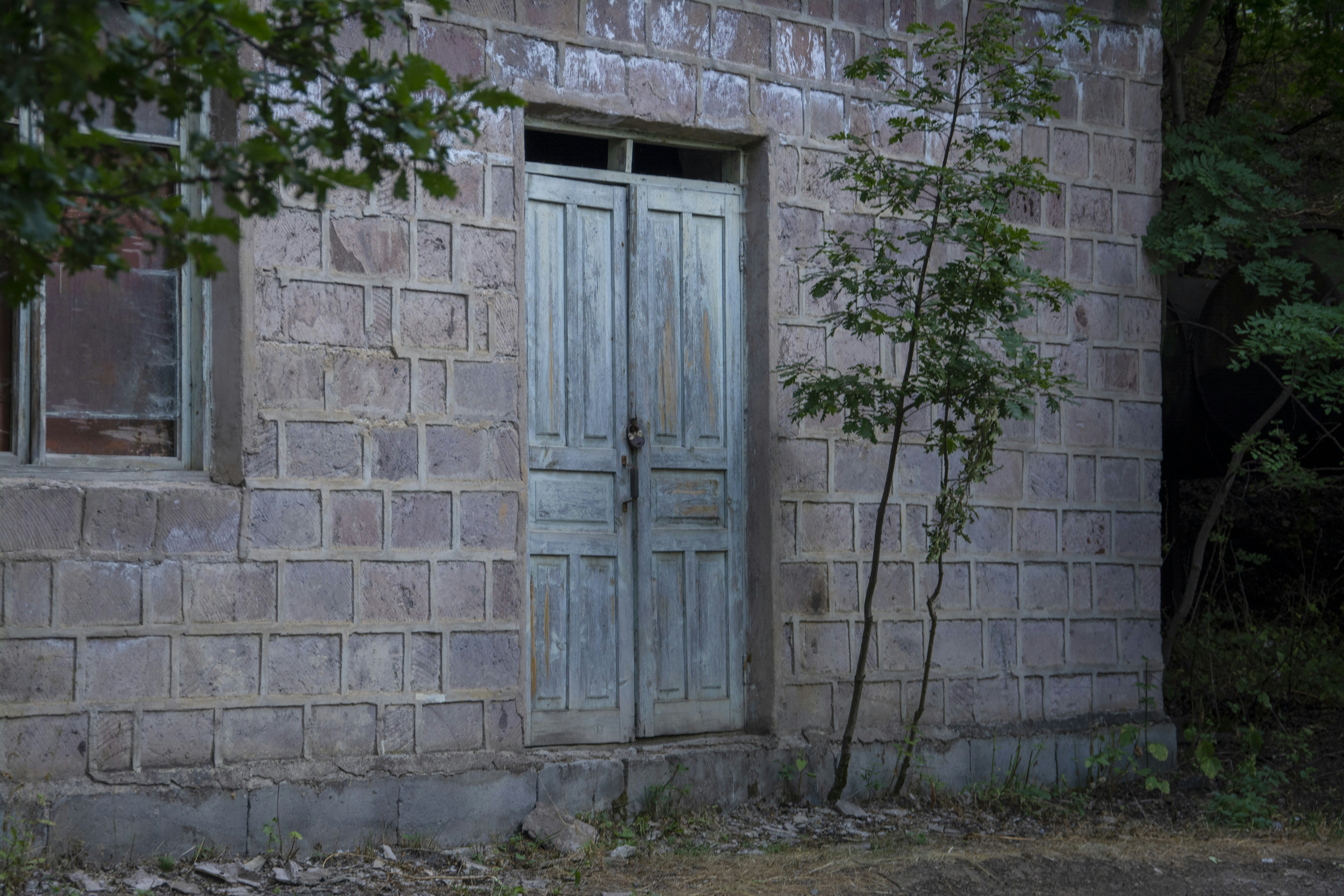 Weathered Blue Door in Mossy Brick Facade