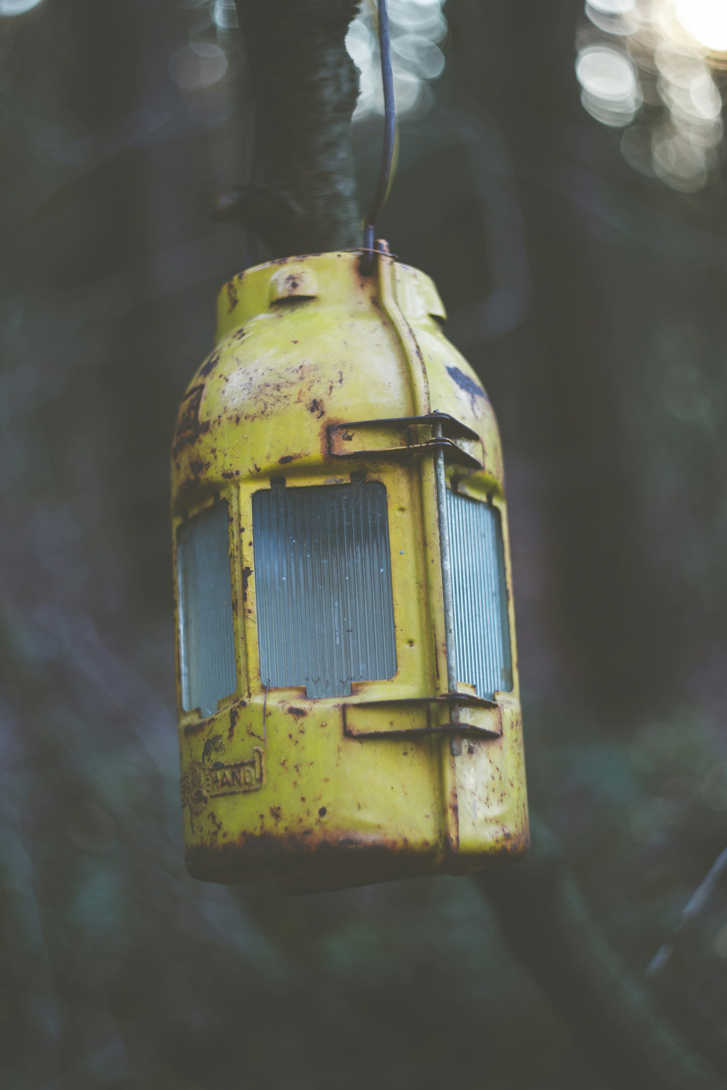 Weathered Yellow Lantern: A Quiet Beacon Amid Moss and Mist
