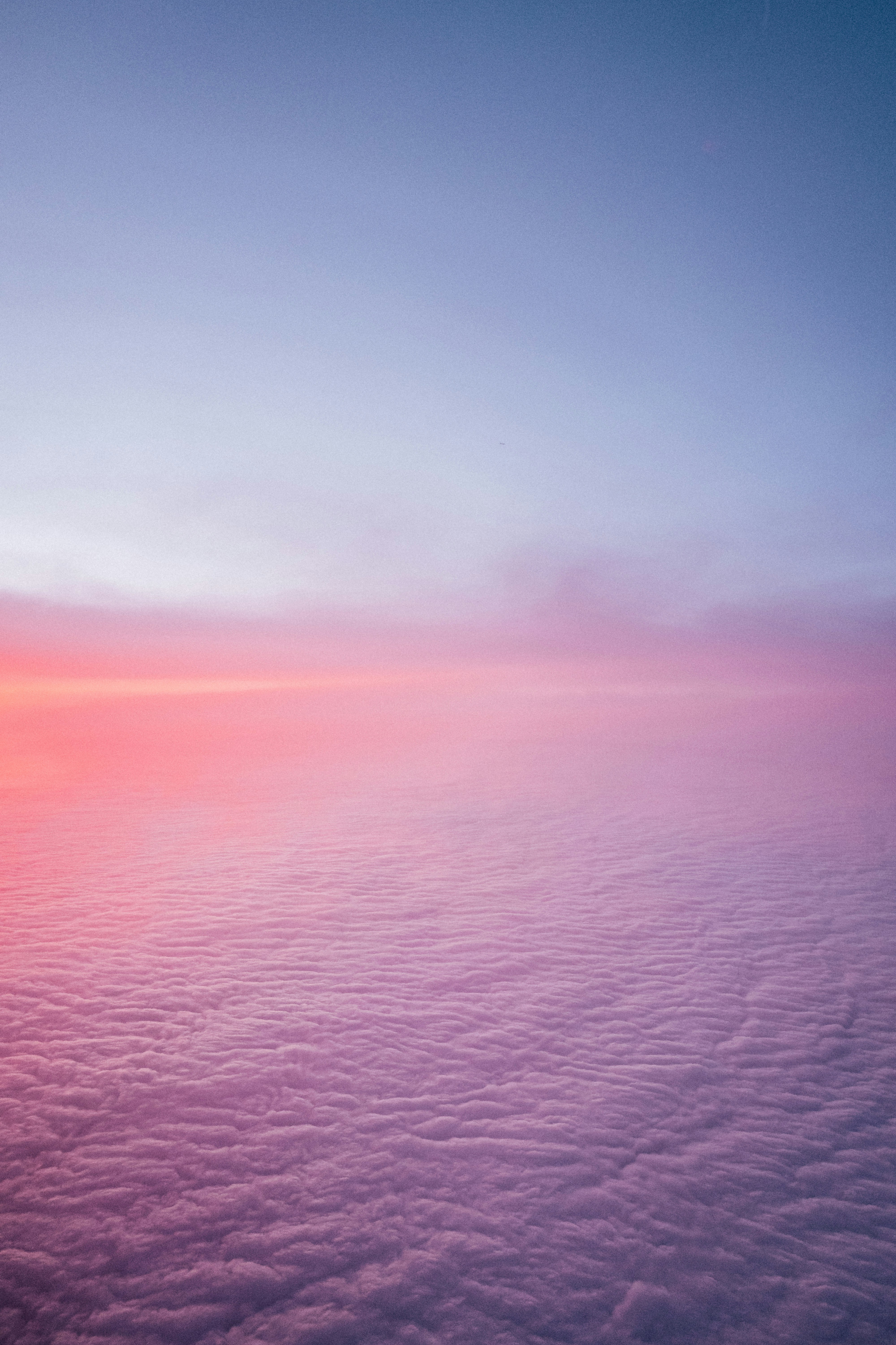 Aerial photograph of a pastel sky above a sea of clouds at dawn, featuring a pink glow along the horizon and a tranquil gradient into blue.