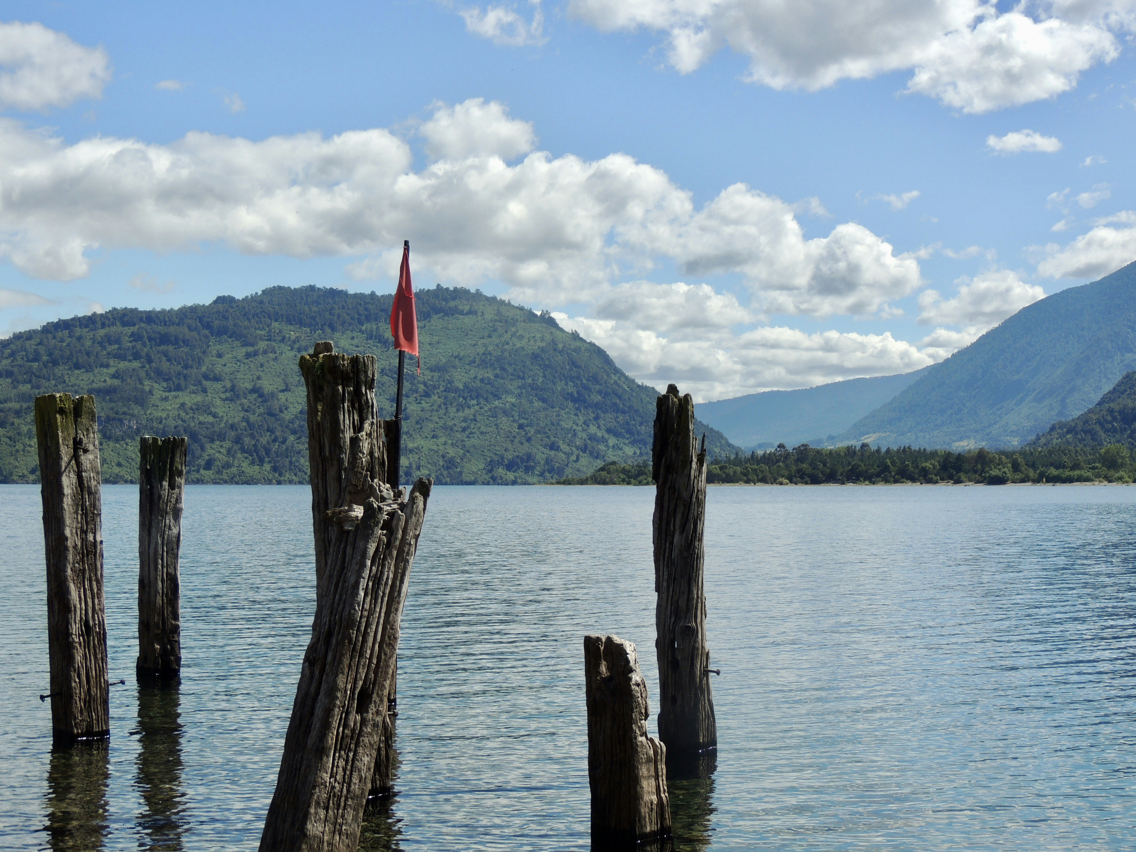 Crimson Flag Over Weathered Piling on a Tranquil Alpine Lake