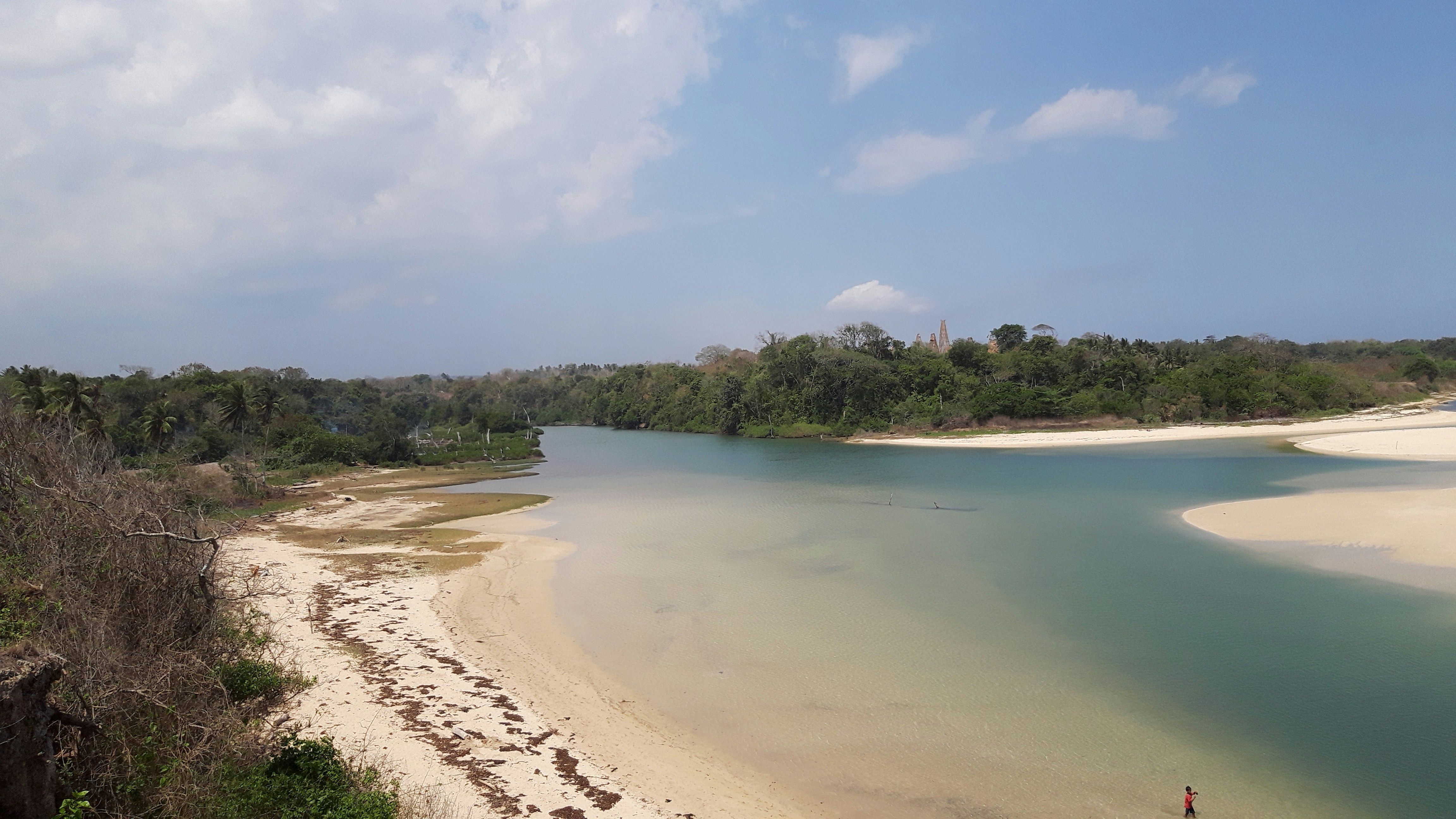 Gentle river curves through lush greenery and sandy shores beneath a bright blue sky.