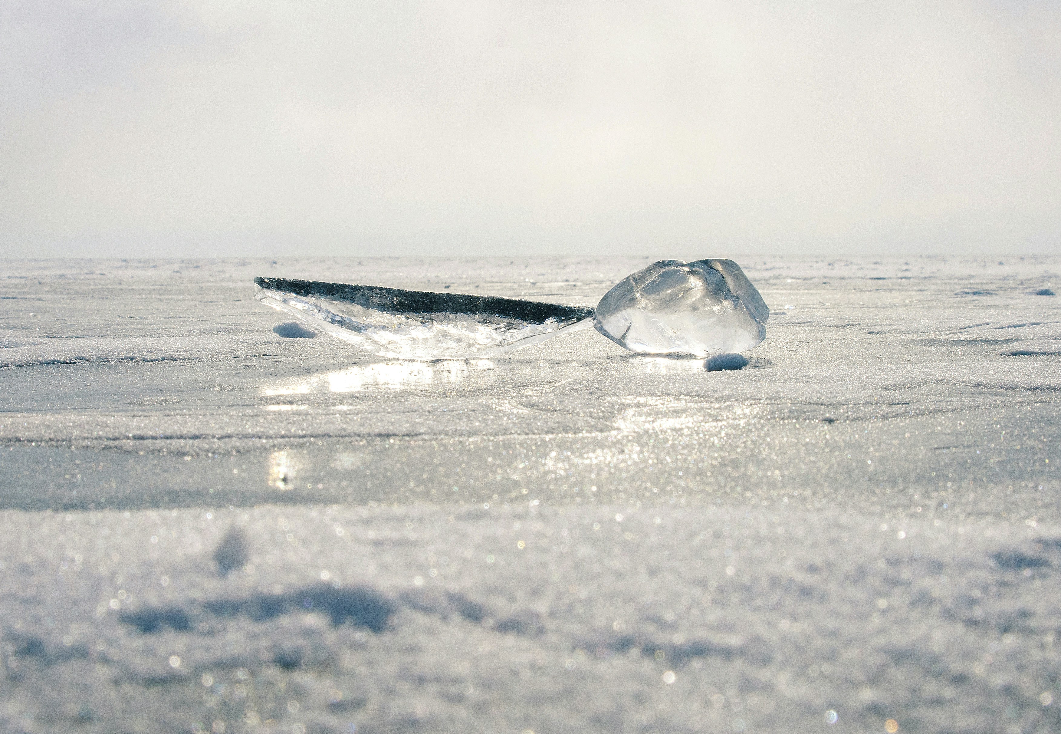 Fragment of ice resting on a reflective, frozen surface under a soft, diffused sky.