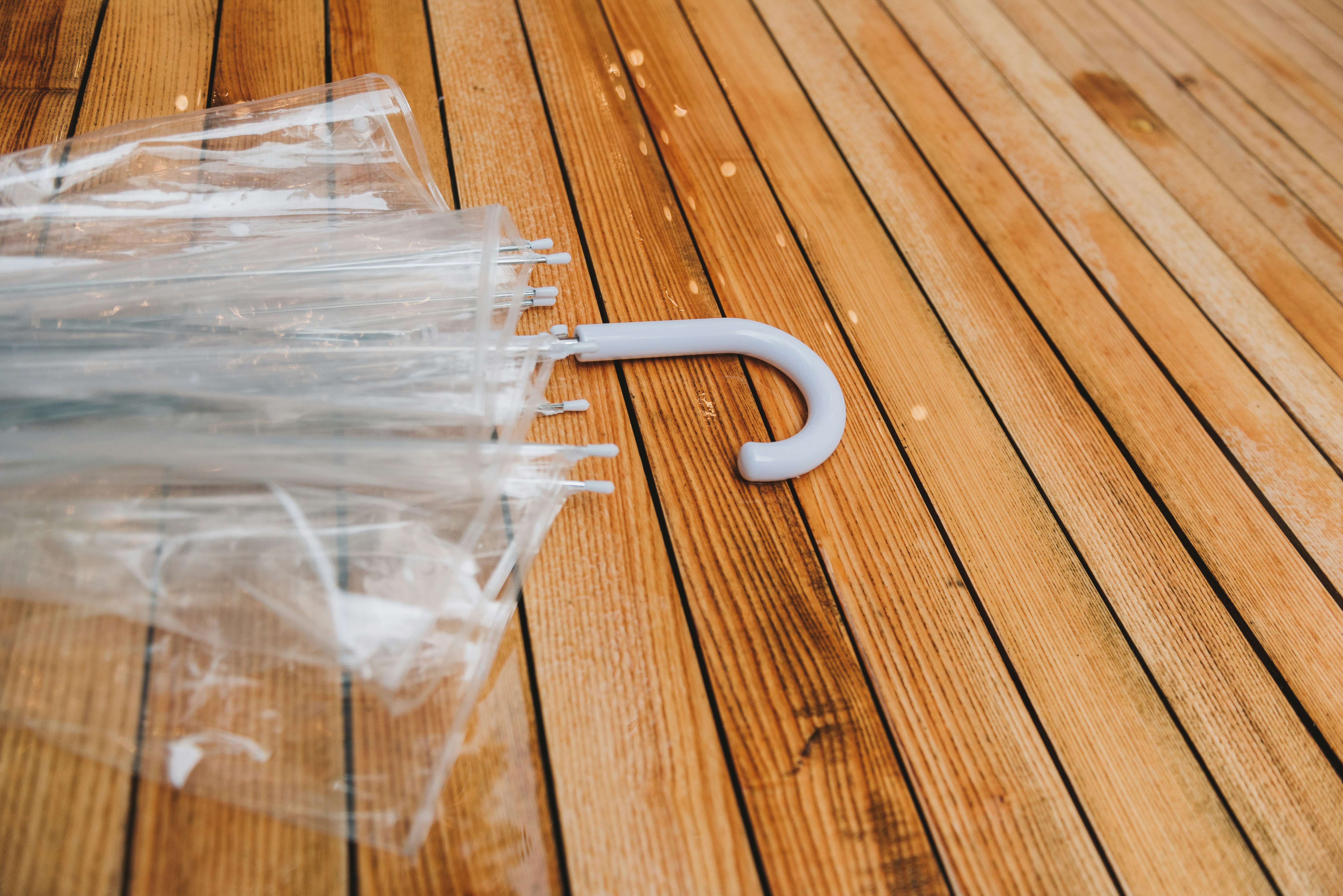 Clear Plastic and Wood: A Folded Umbrella at Rest on Warm Planks