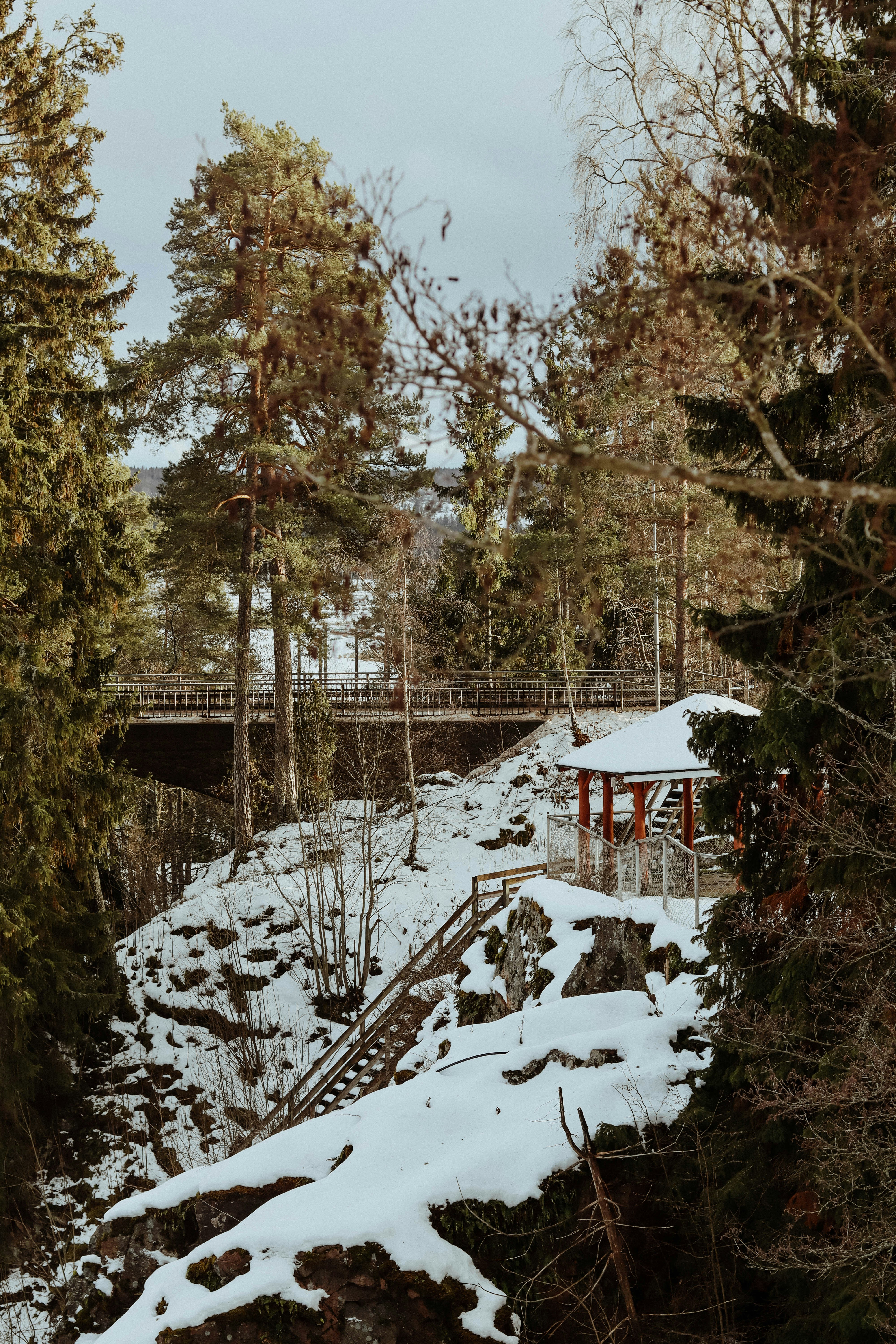 swedish snow landscape red house bridge