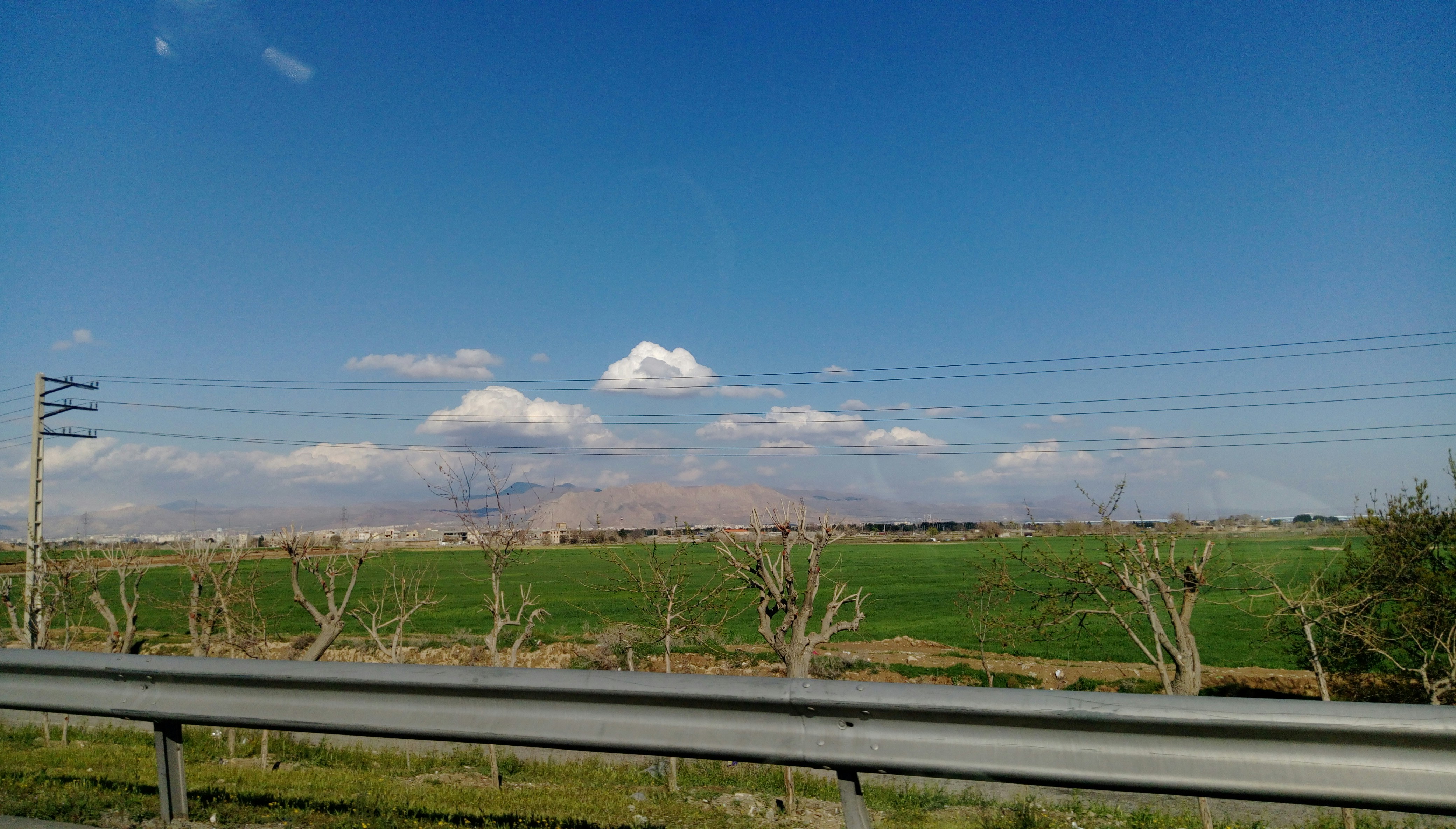 Blue sky, clouds, and trees just before the spring