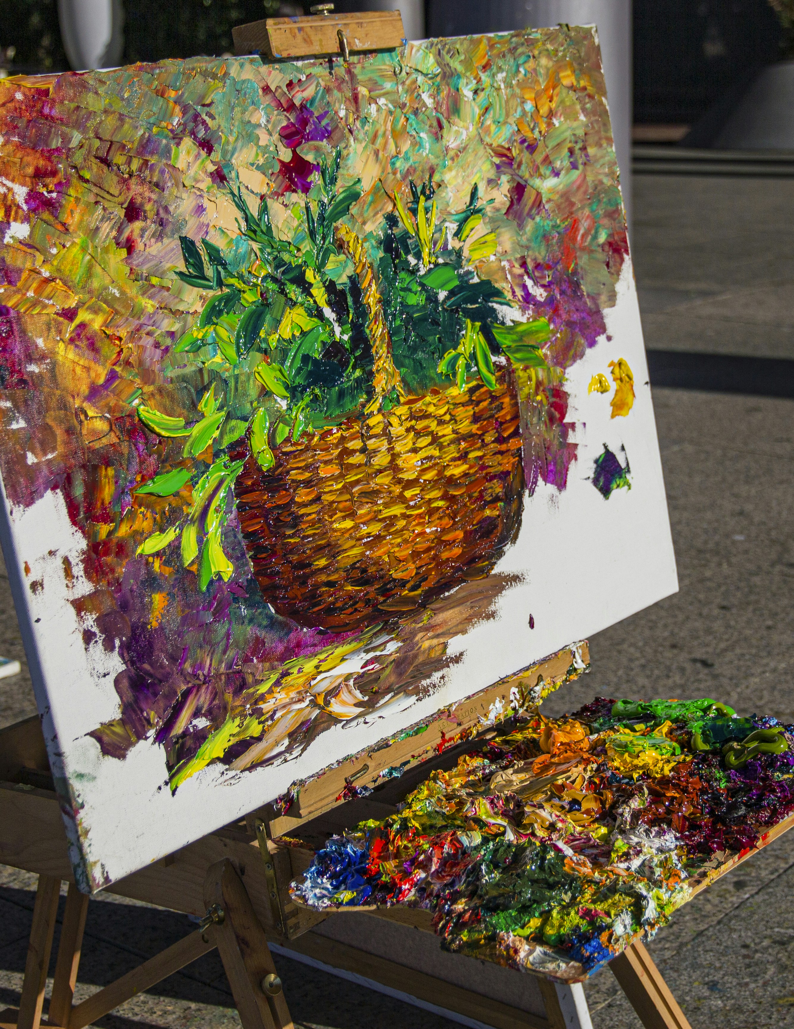 Vivid Impasto Basket: Garden Blooms on an Outdoor Easel