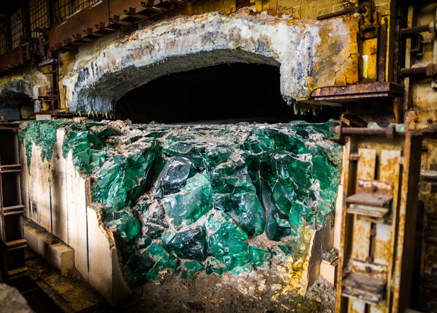 Vivid green glass flows over an industrial structure within an abandoned factory.