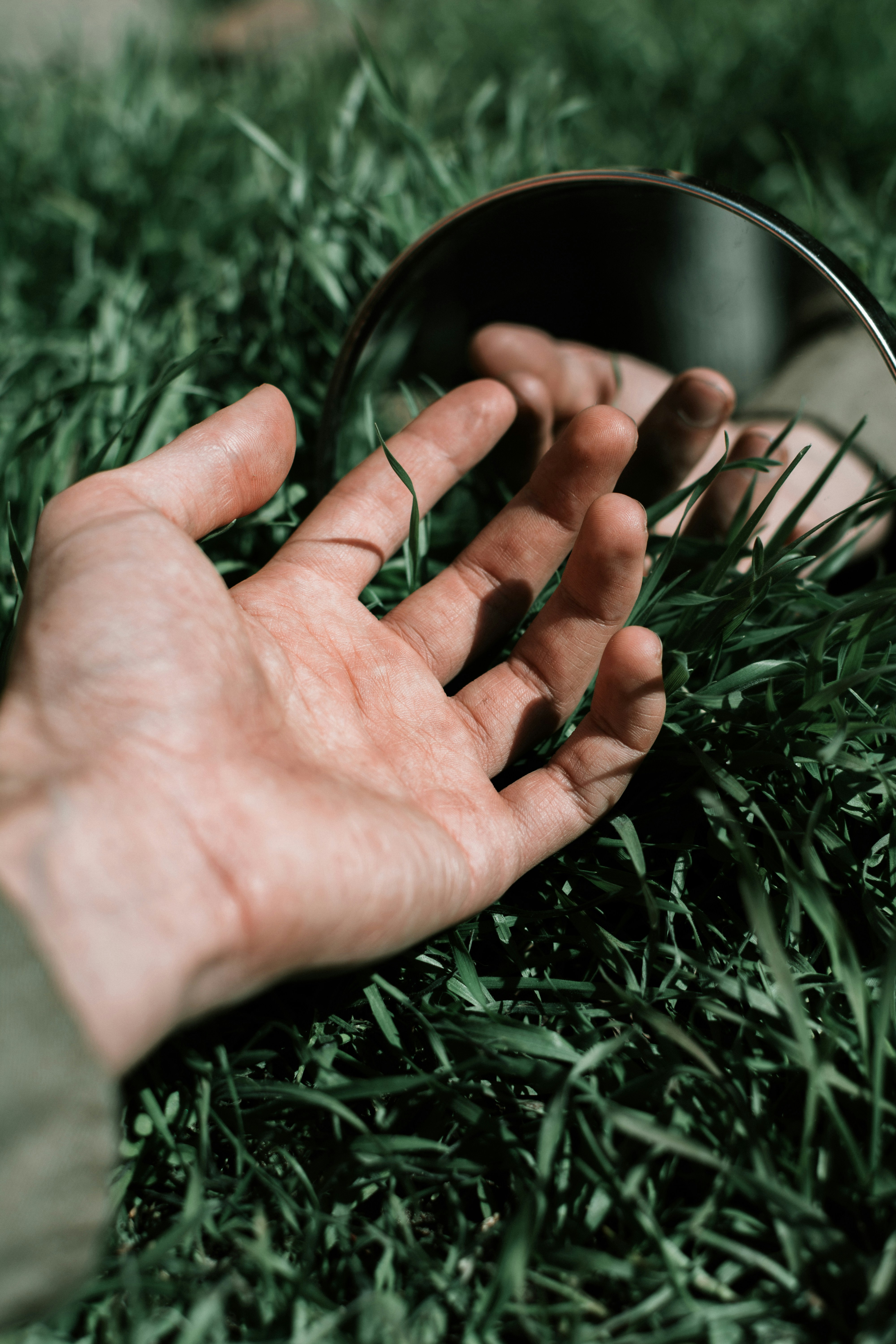 A hand reaching out towards a mirror resting on lush green grass, symbolizing introspection and connection with nature.