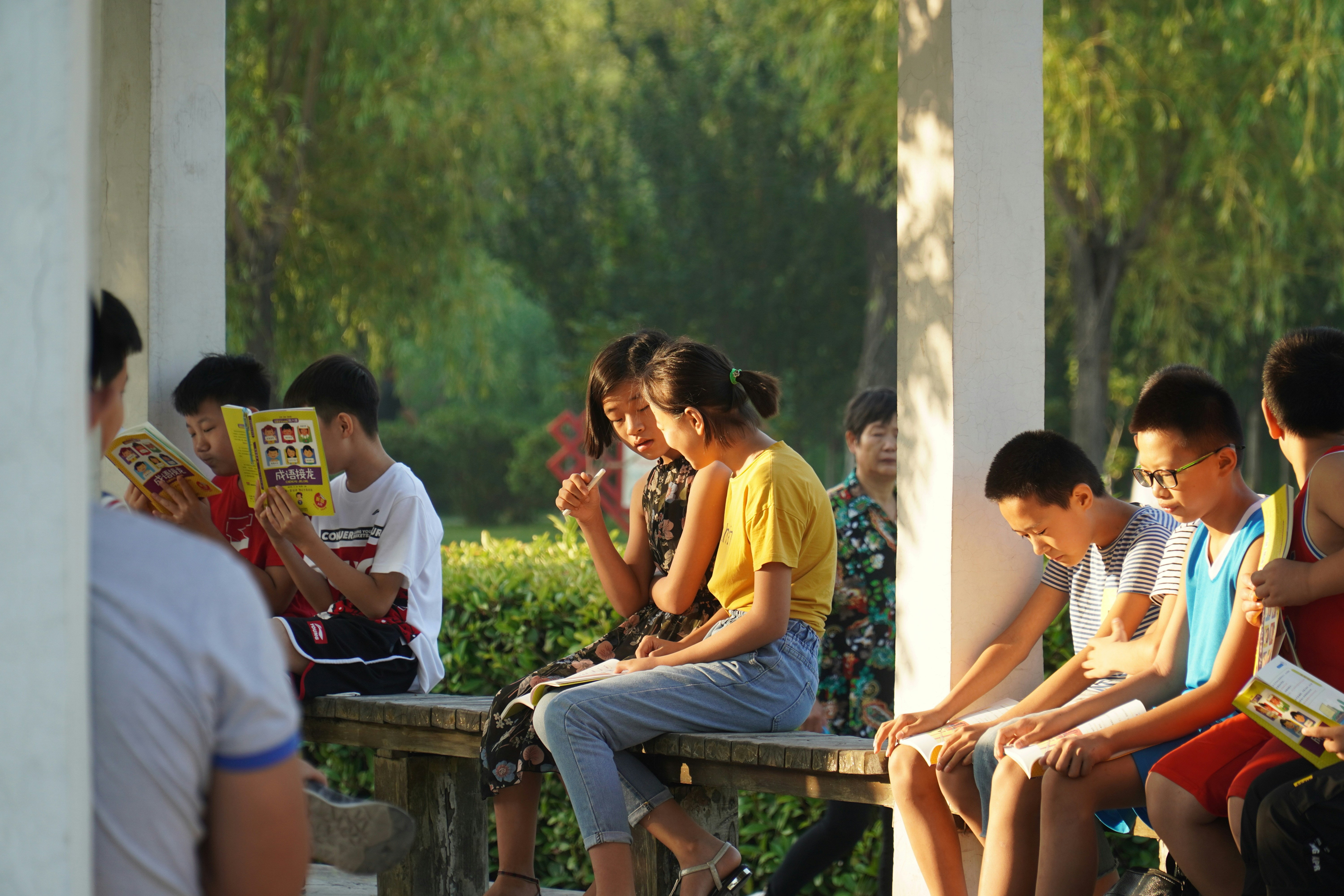 Quiet Break: Teen Readers Rest on a Sunlit Park Bench
