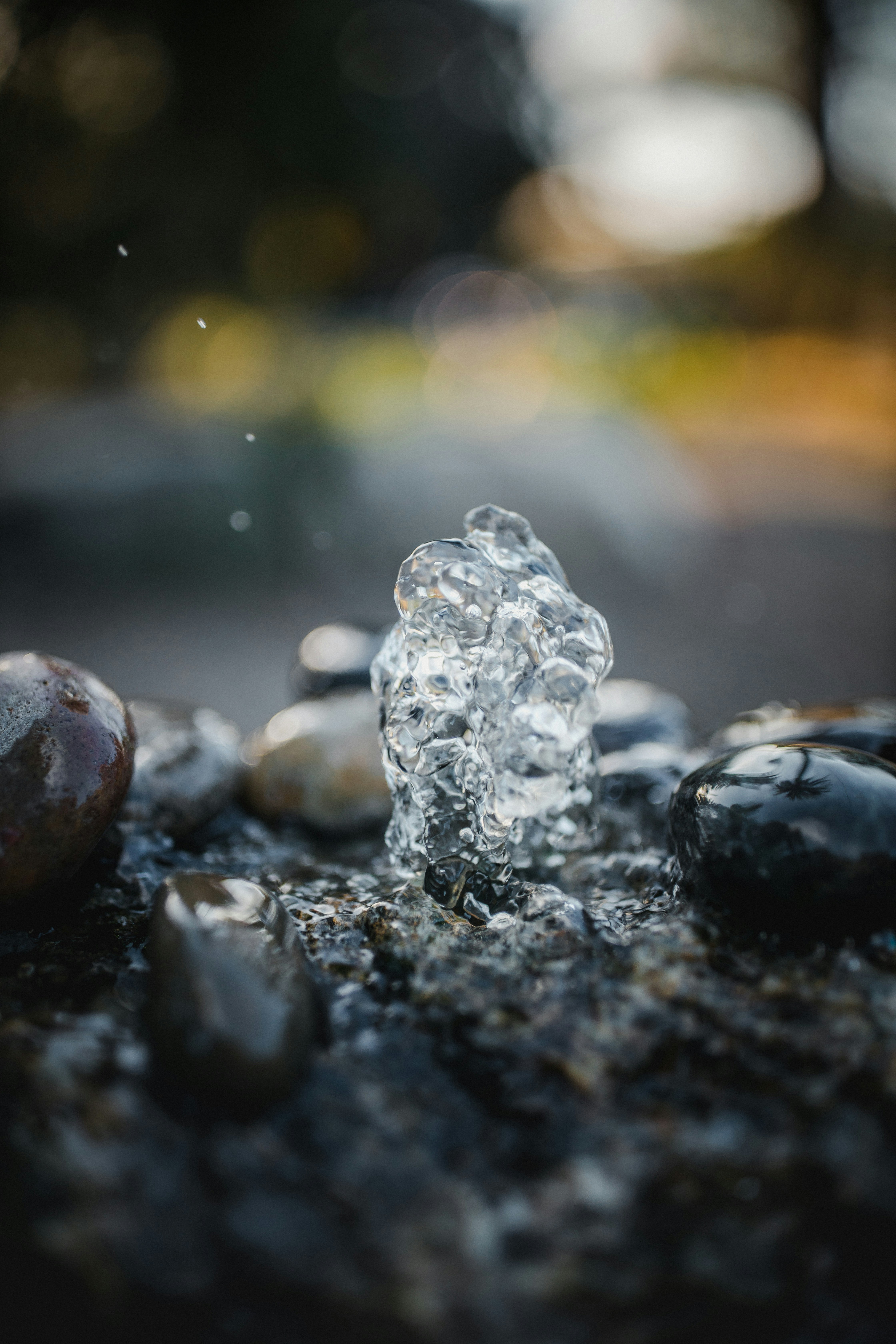 Prismatic Ice Crown on Wet Pebbles at Dusk