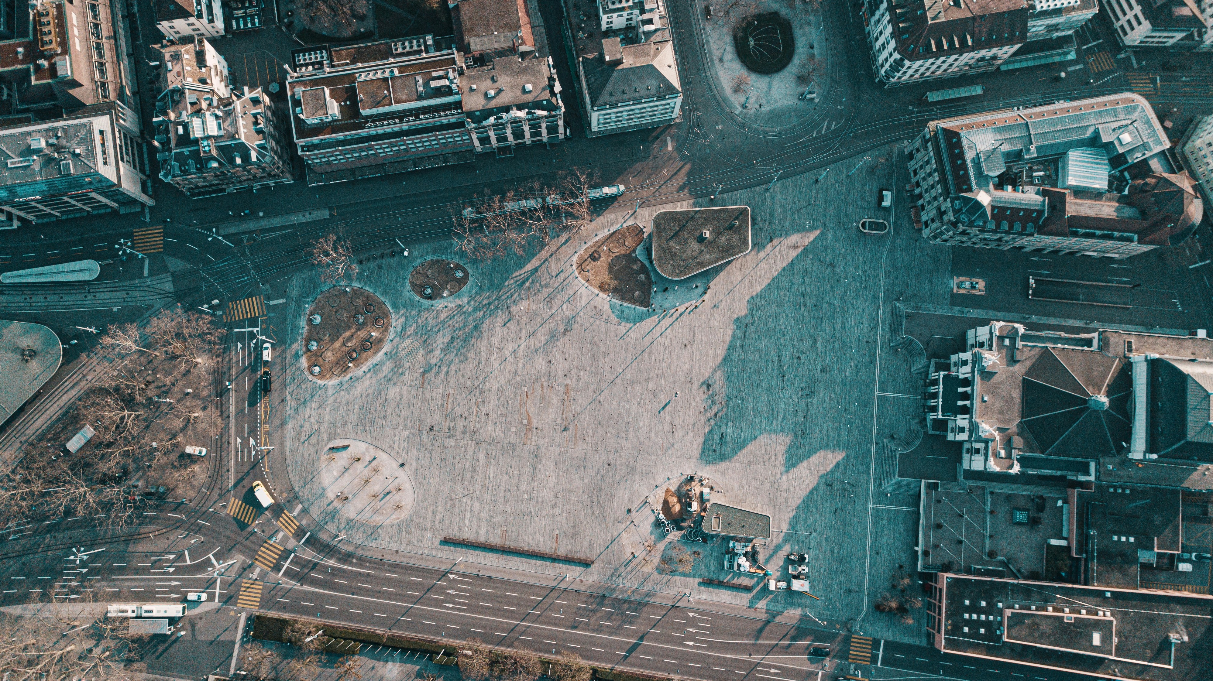 Sunlit Geometry: A Drone Eye over a Quiet City Plaza