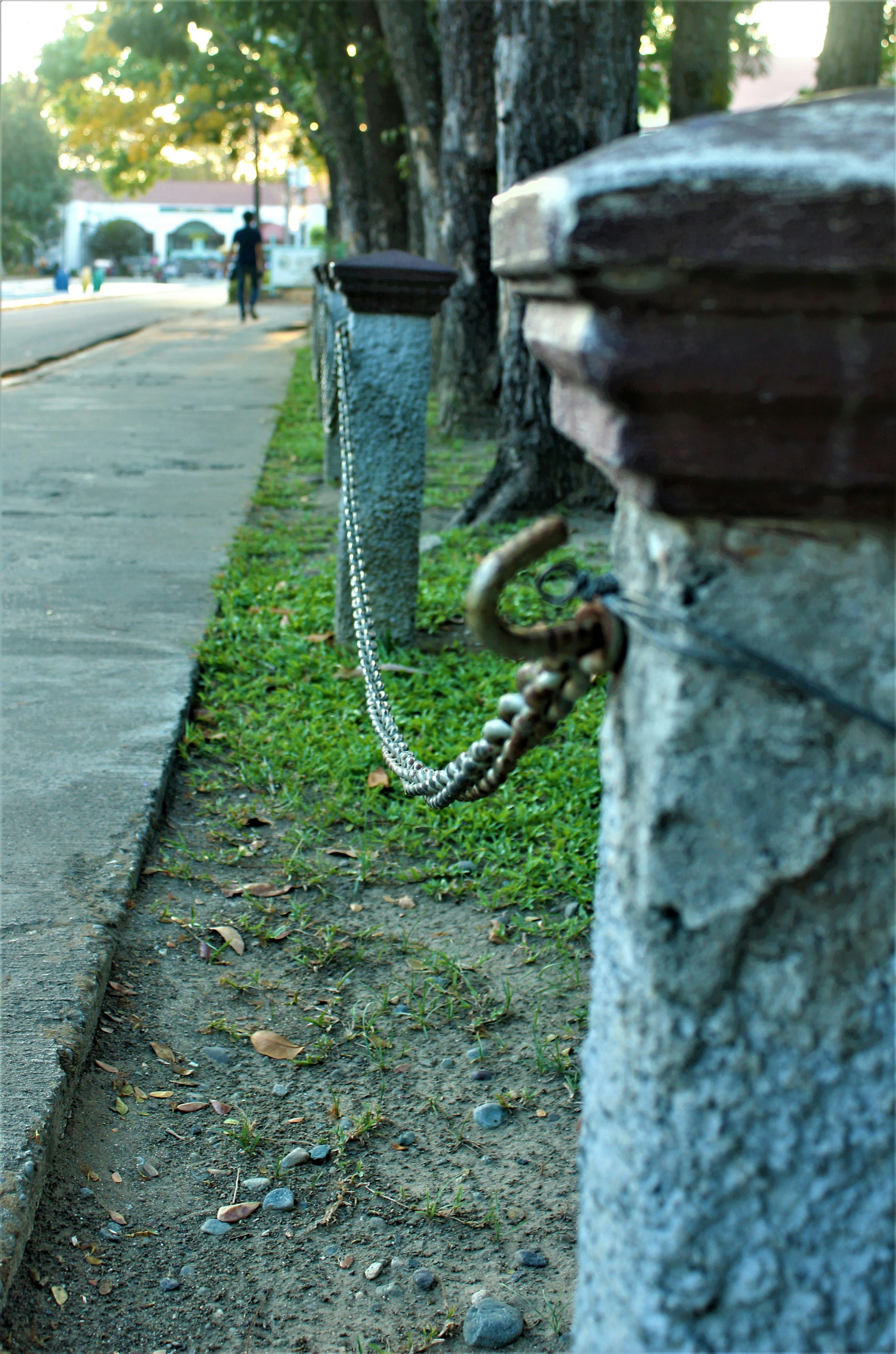 Weathered stone posts and a chain line a quiet pathway, framed by lush greenery and a soft evening glow.